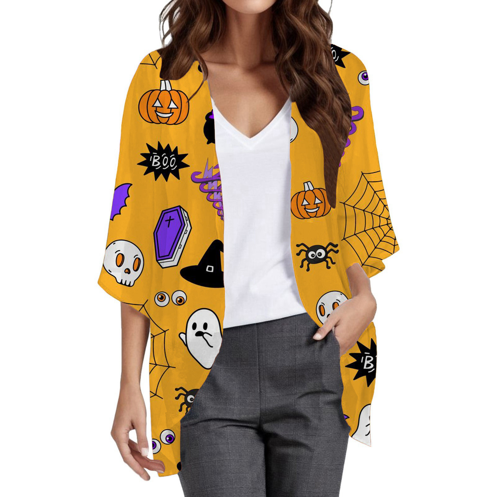 Fiaer Womens Halloween Cardigans Sweaters 3/4 Sleeve Pumpkin Graphic ...
