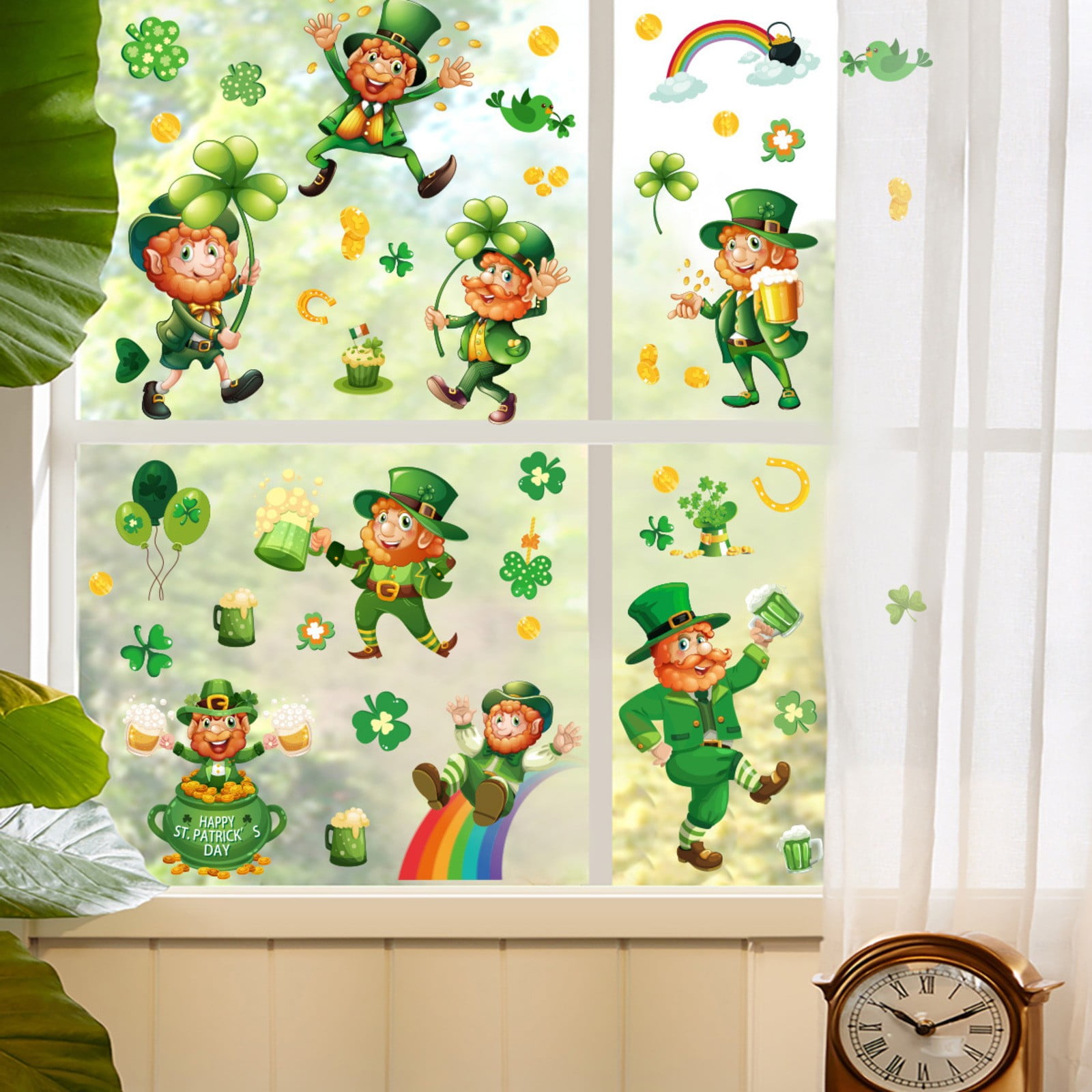Fiaya Women St Patricks Day Window Clings, 8 Sheets Shamrock Gnome Wall ...