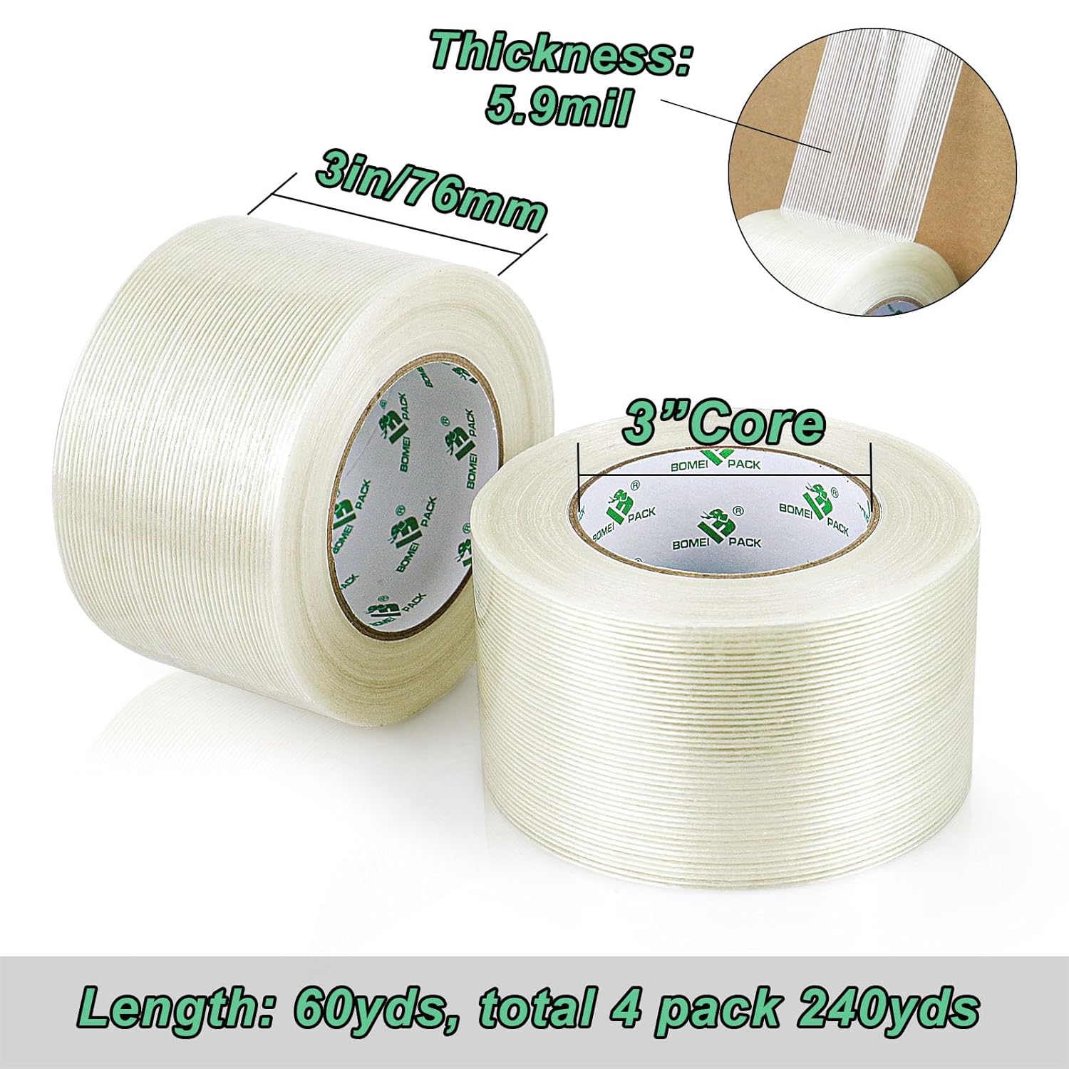 Fiber Reinforced Packing Tape 3 Inch, Heavy Duty Wide Strapping Tape, 4 ...