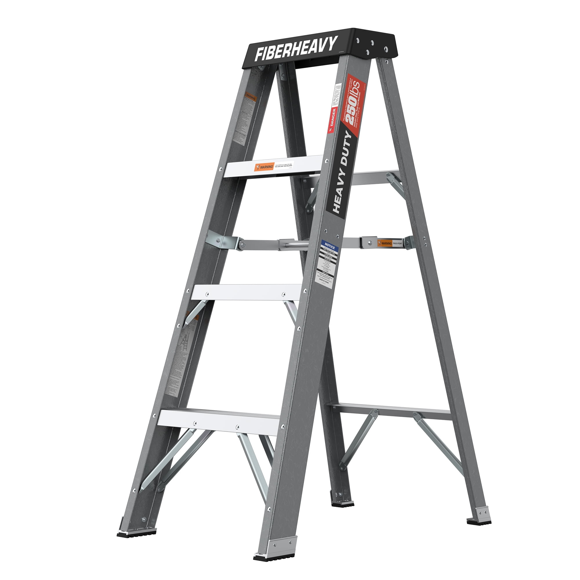 Fiberglass Step Ladder 4-Step 250Lbs Gray,Black+Grey Fiberglass Tools ...