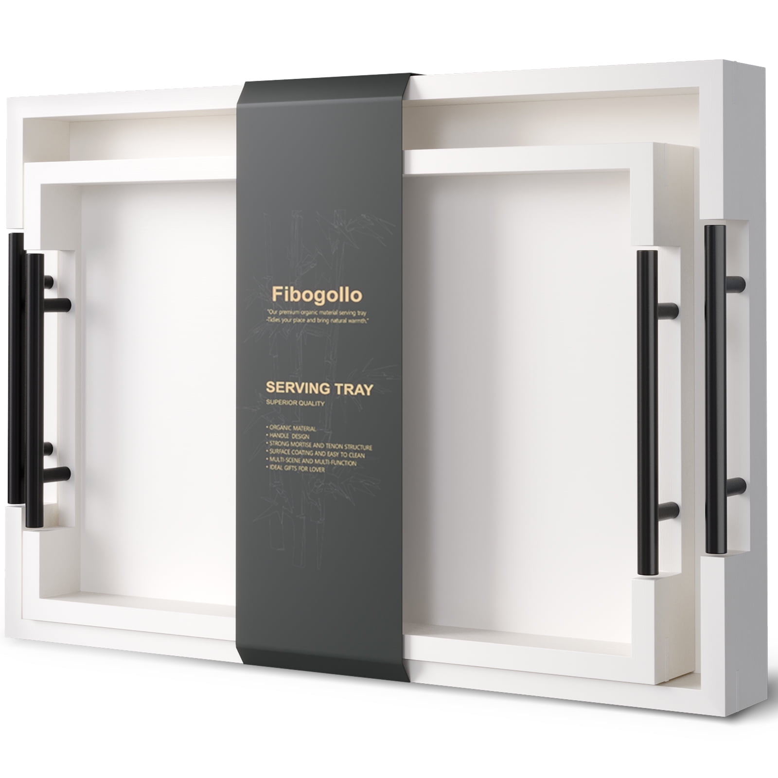 Fibogollo Bamboo Set of 2 Serving Tray with Metal Handles,Ottoman ...