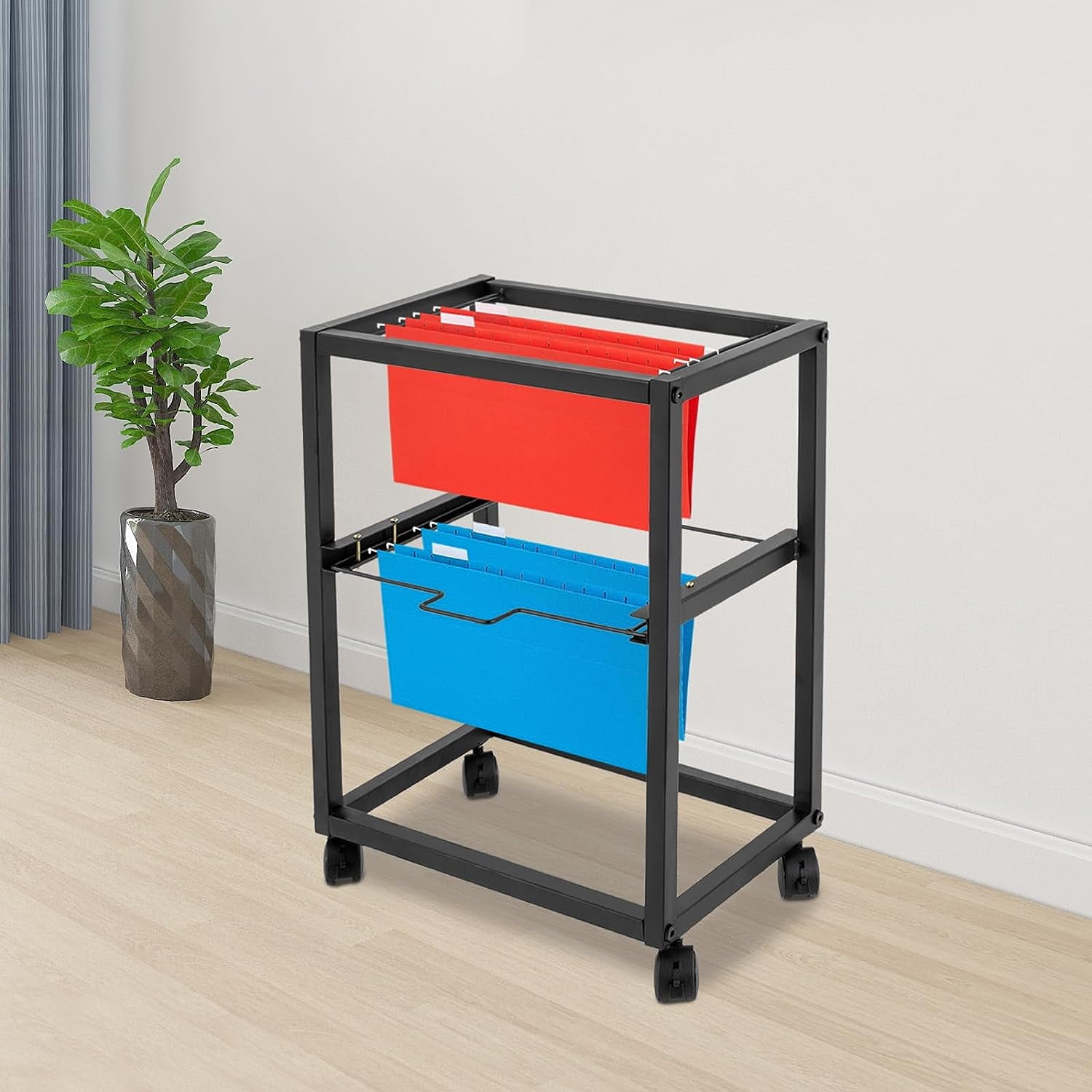 Fichiouy 2/3-Tier Metal Cabinet with Wheels for Home Office, Black ...