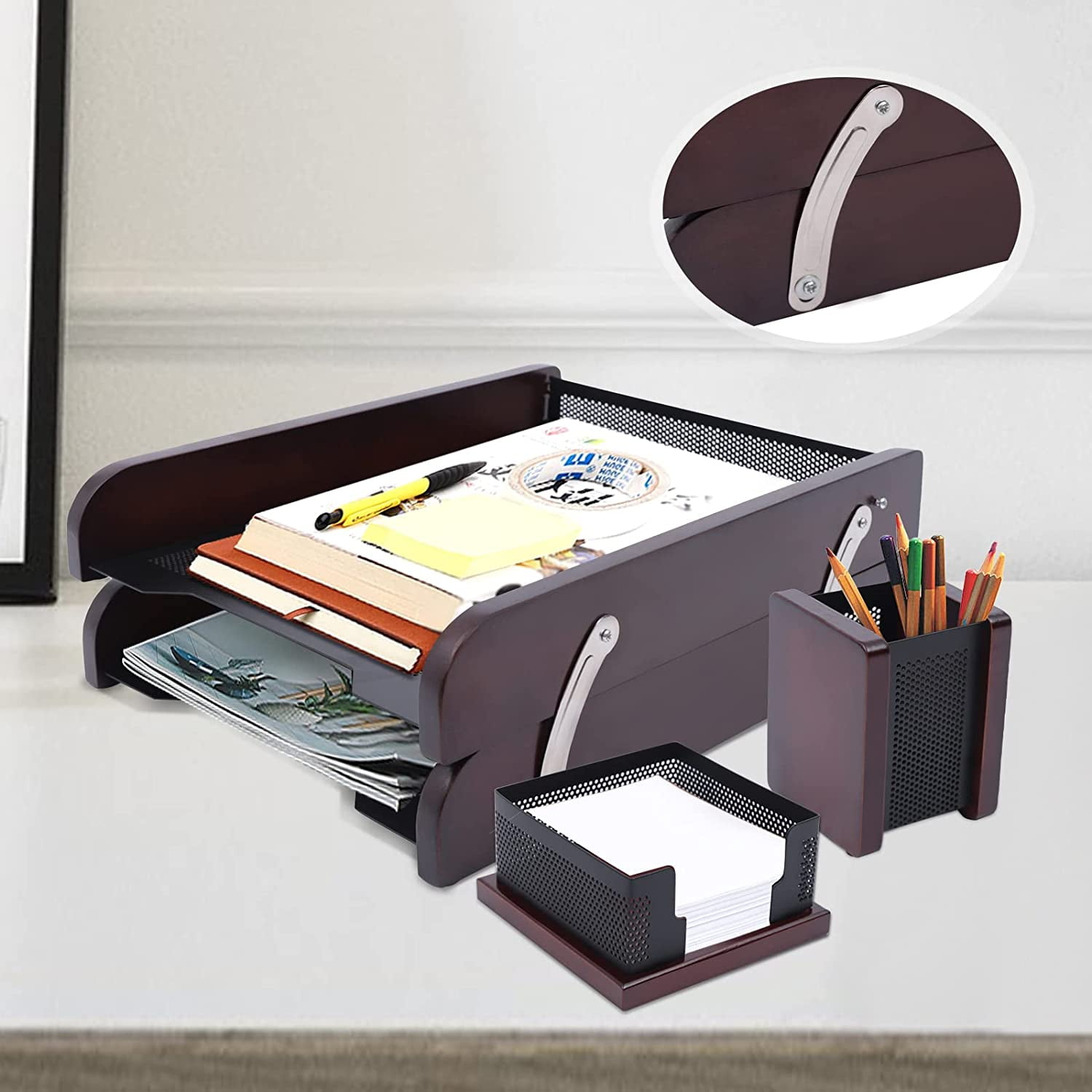 Fichiouy 2 Tier Vintage Document Tray Set Dark Wood Stackable a Note ...