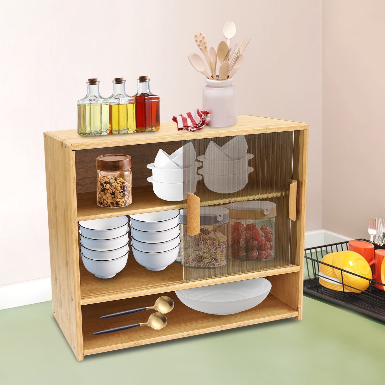 Fichiouy 3-Tier Countertop Storage Cabinet Freestanding Bamboo ...