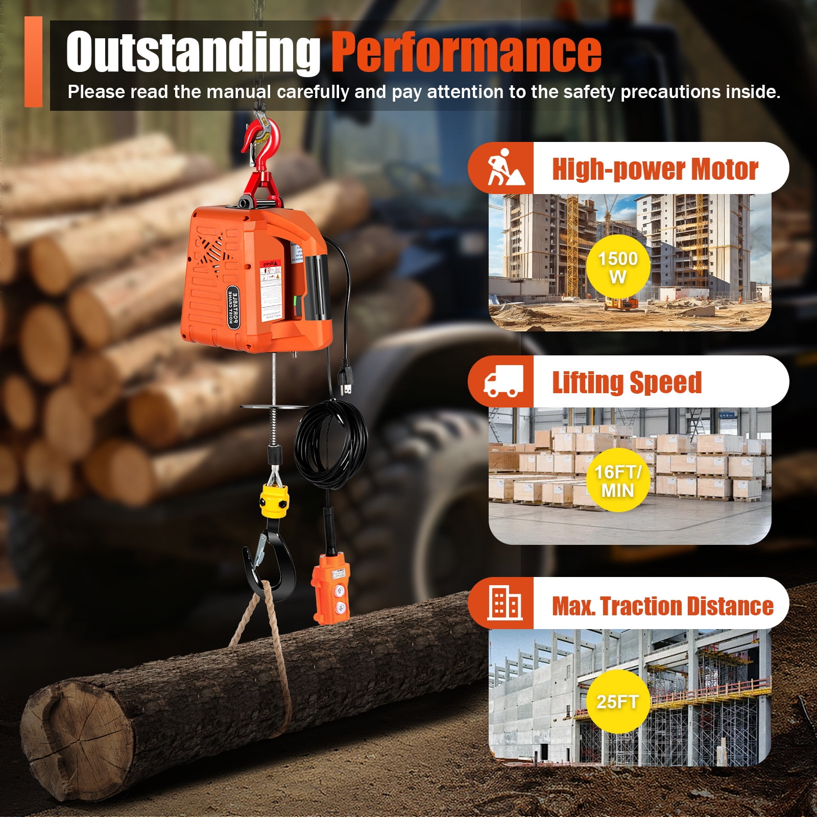 Fichiouy 3-in-1 Electric Hoist Winch 1100 lbs 1500W Portable Power ...