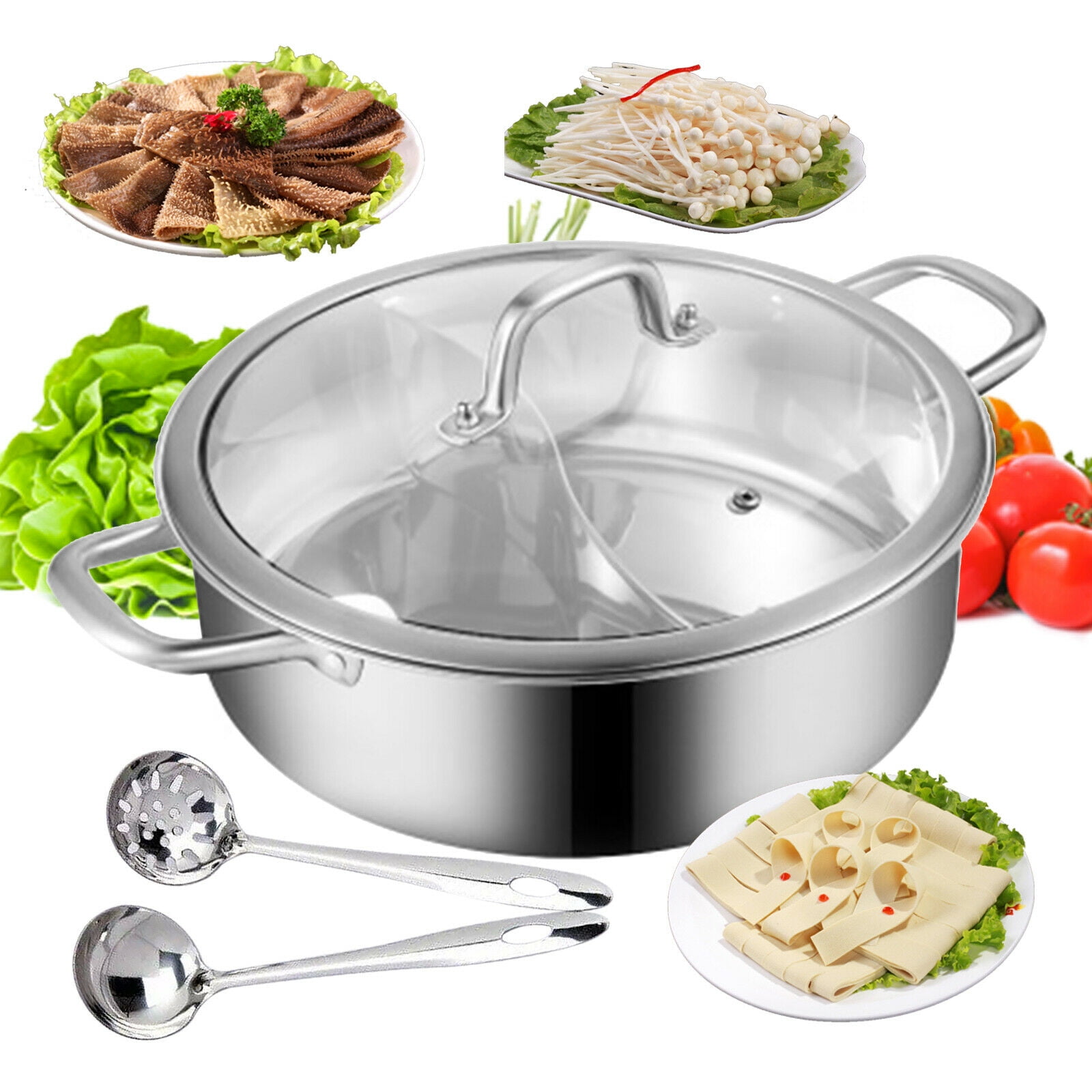 Fichiouy 32cm Stainless Steel Dual Sided Cooking Hot Pot with Glass ...