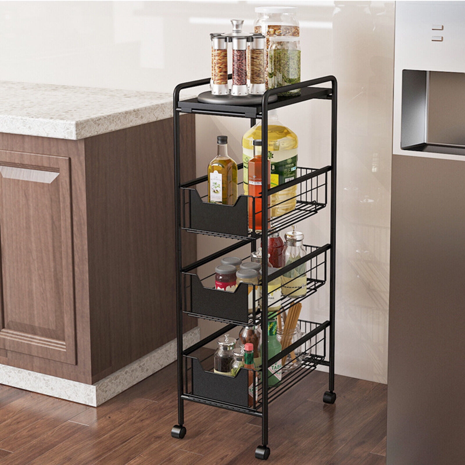 Fichiouy 4 Tier Rolling Cart Kitchen Slide Out Trolley Rack Organiser ...