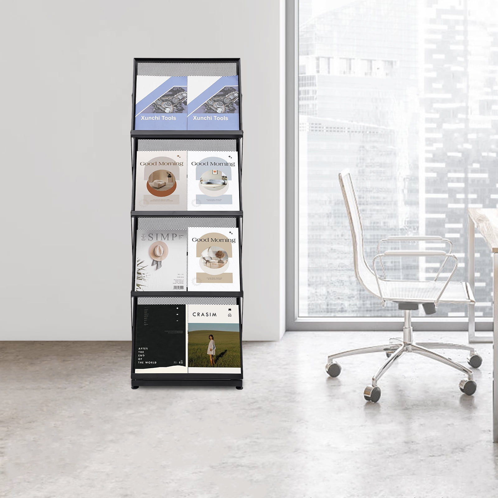 Fichiouy 4 Tiers Floor Standing Magazine Rack Foldable Metal Magazine ...