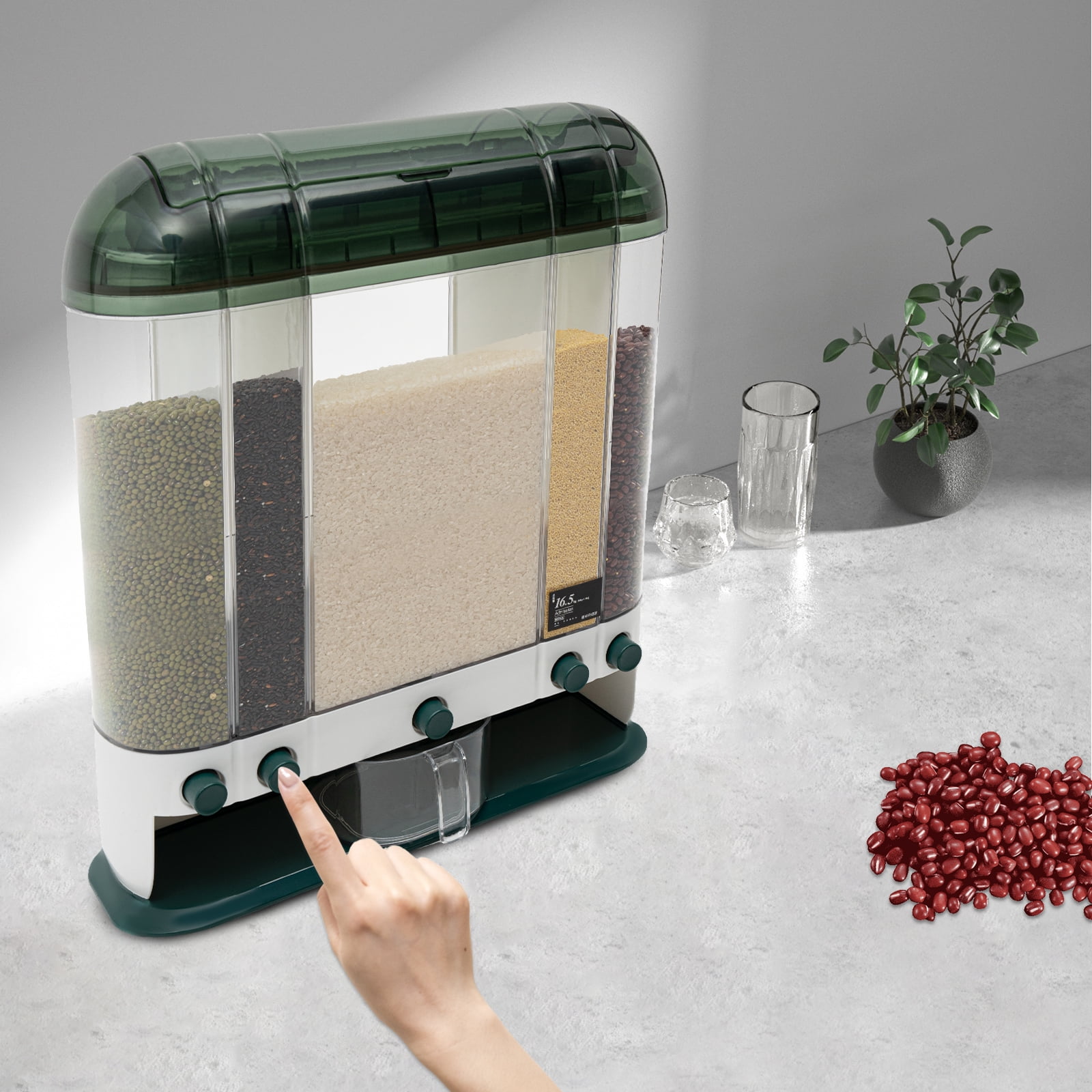 Fichiouy 5 Grids Food Grain Dispenser 36.37 lbs Freestanding Rice ...
