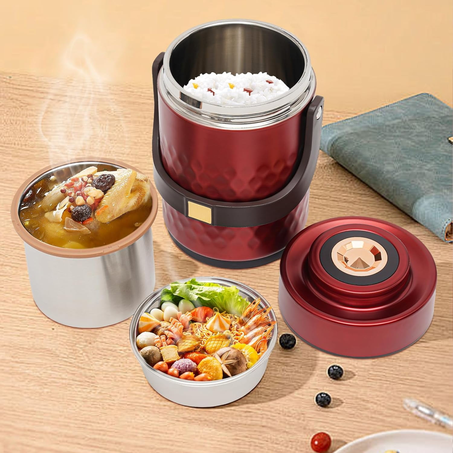 Fichiouy 67oz 3 Layer Insulated Food Thermos Jar Sealed Stackable Soup ...