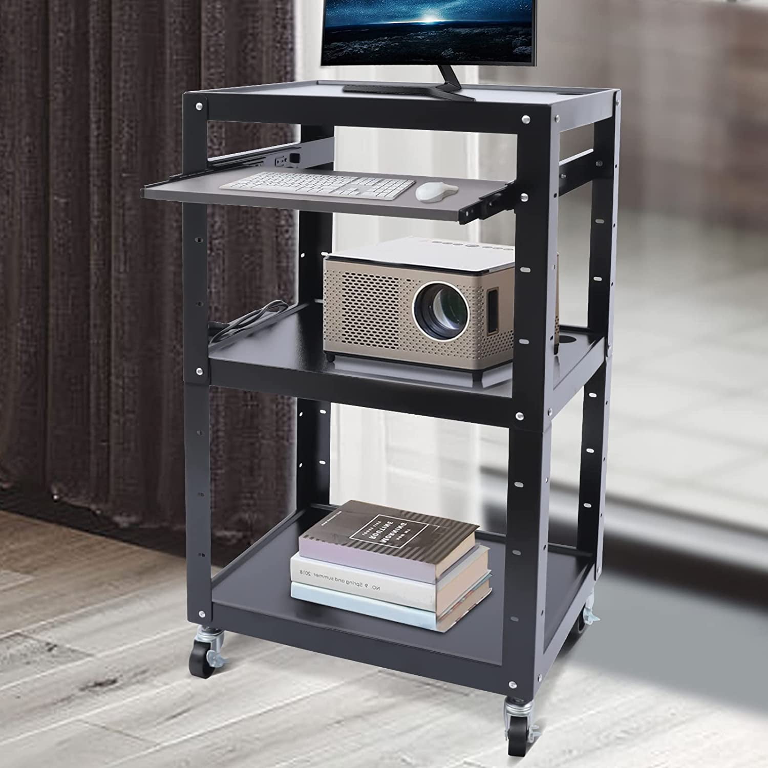 Fichiouy AV Cart Height Adjustable 4 Tiers Media Cart w/ Wheels ...