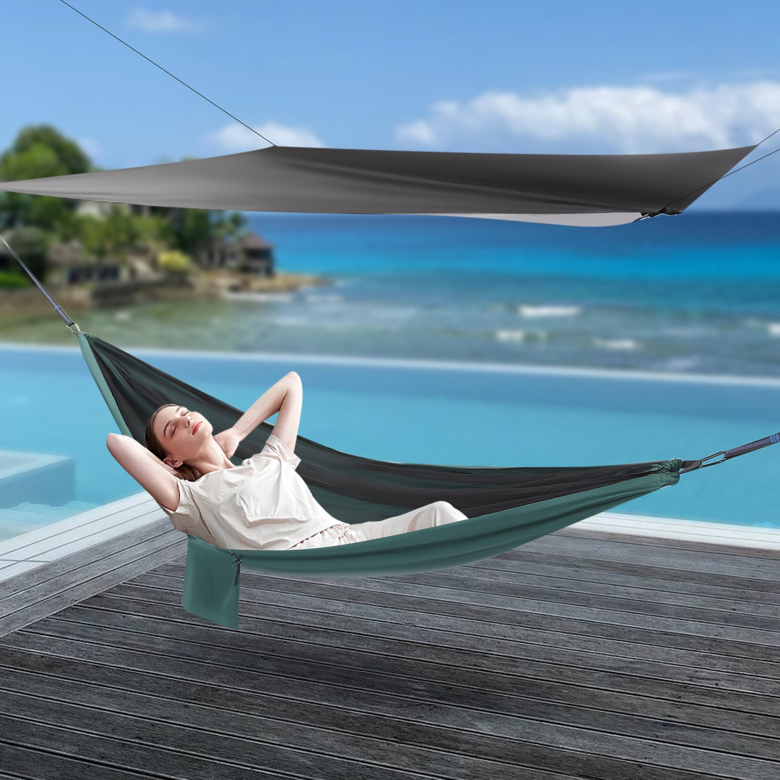 Fichiouy Camping Hammock with Net Tent and Rain Fly Tarp Portable Nylon ...