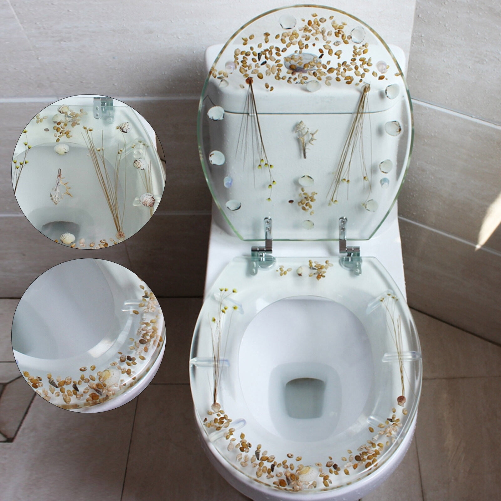 Fichiouy Clear Resin Transparent Toilet Seat, Quiet Close Hinges, Shells and Dried Flowers ...