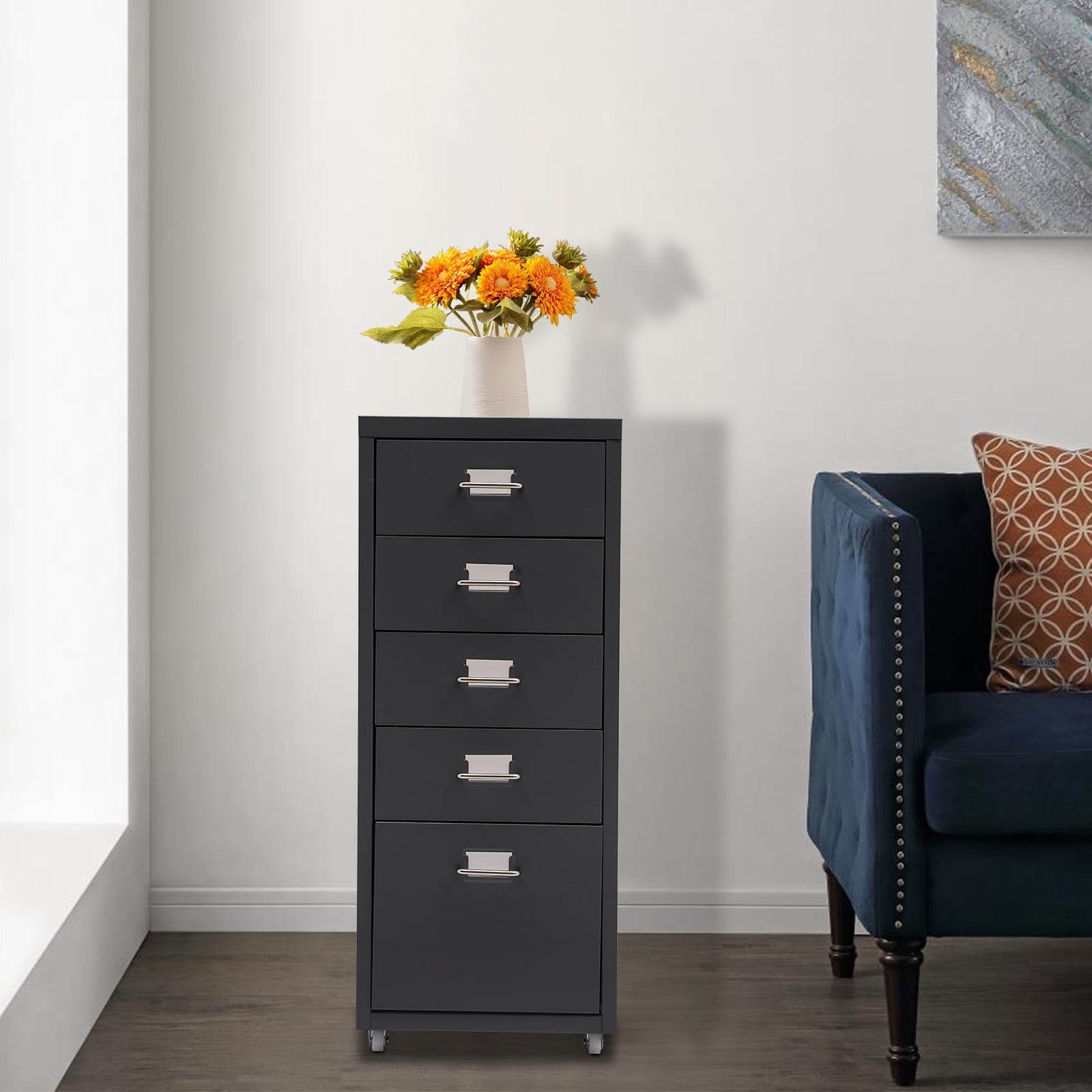 Fichiouy Metal File Storage Cabinet with Rubber Wheels 5-Drawer Storage ...