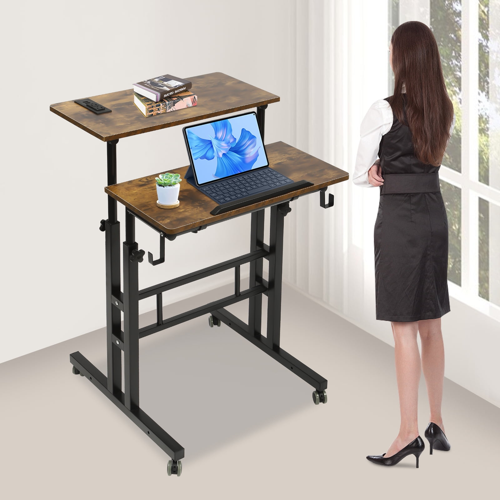 Fichiouy Rolling Laptop Desk with Adjustable Height Computer Table ...