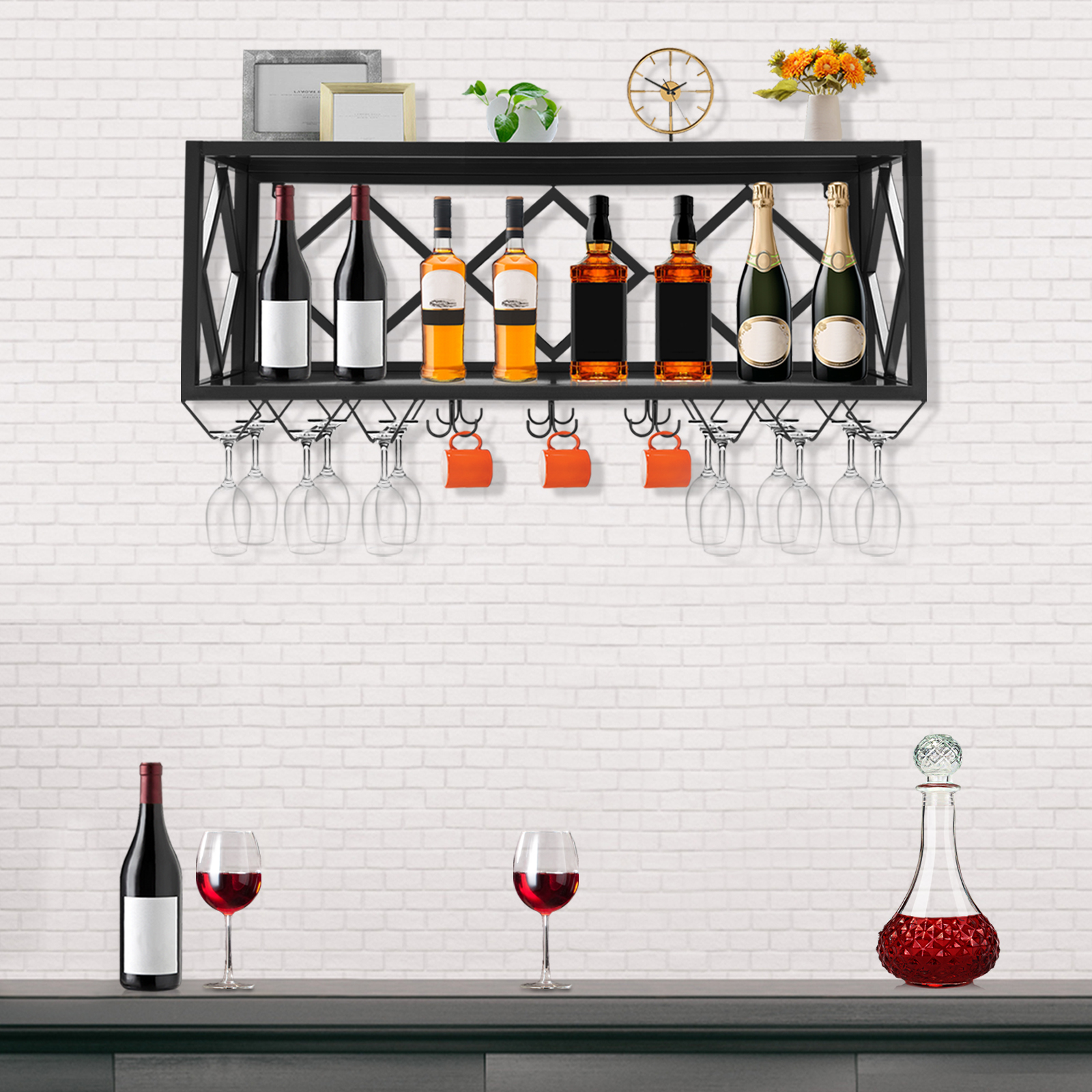 Fichiouy Wall Mounted Wine Rack Floating Wine Glass Rack Industrial ...