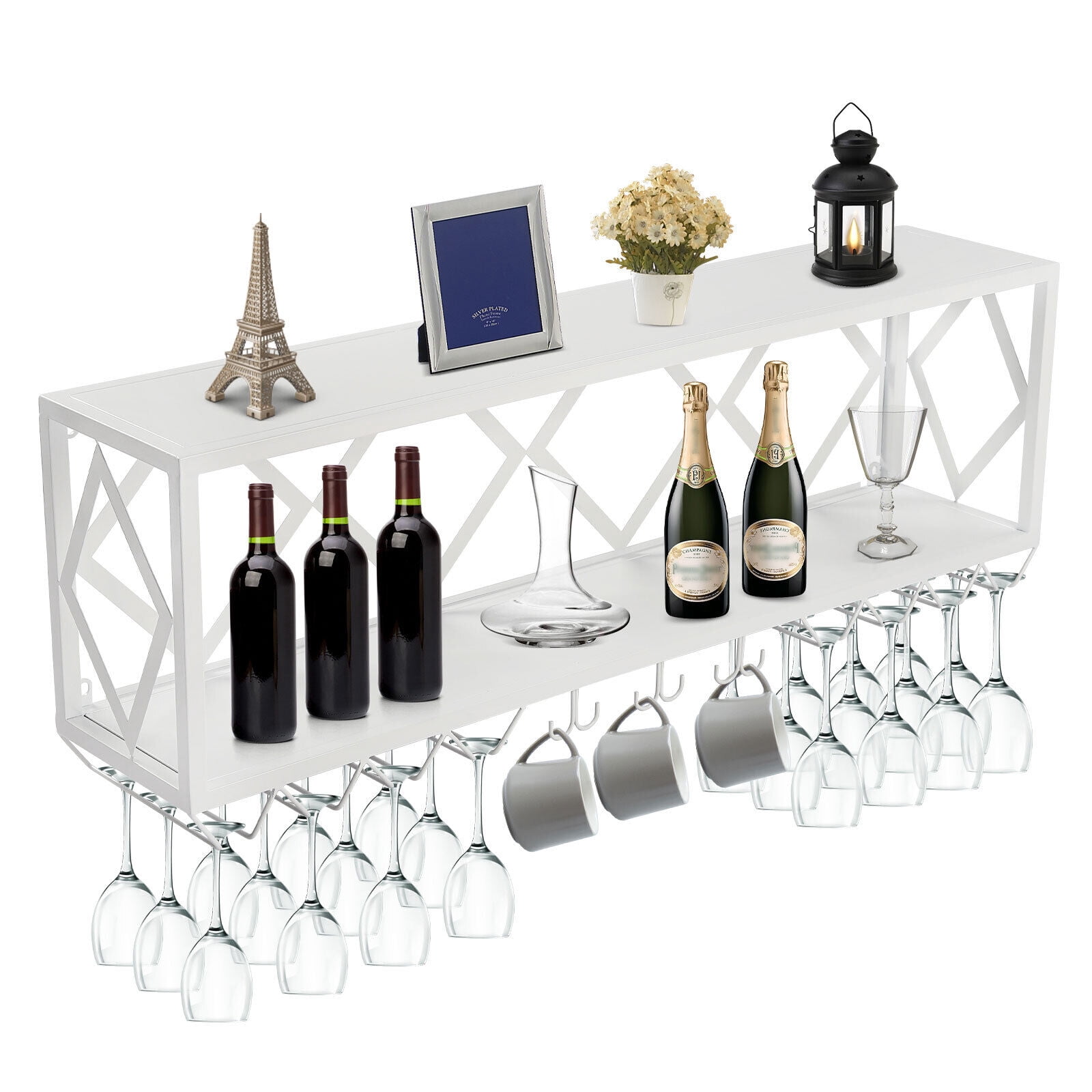 Fichiouy Wine Rack Bar Floating Shelves Wall-Mounted Iron Glass Holder ...