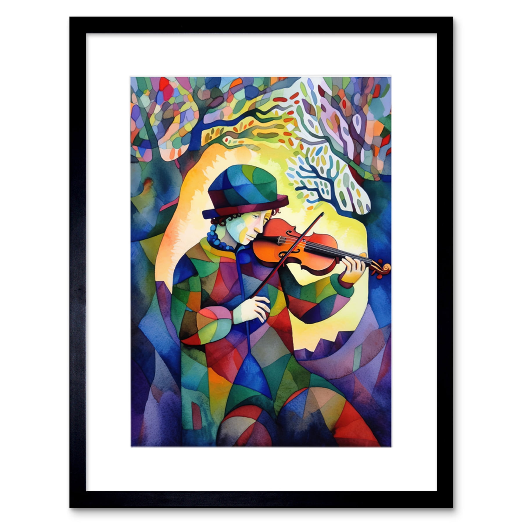 Fiddle Player In Forest Folk Art Watercolour Painting Artwork Framed ...