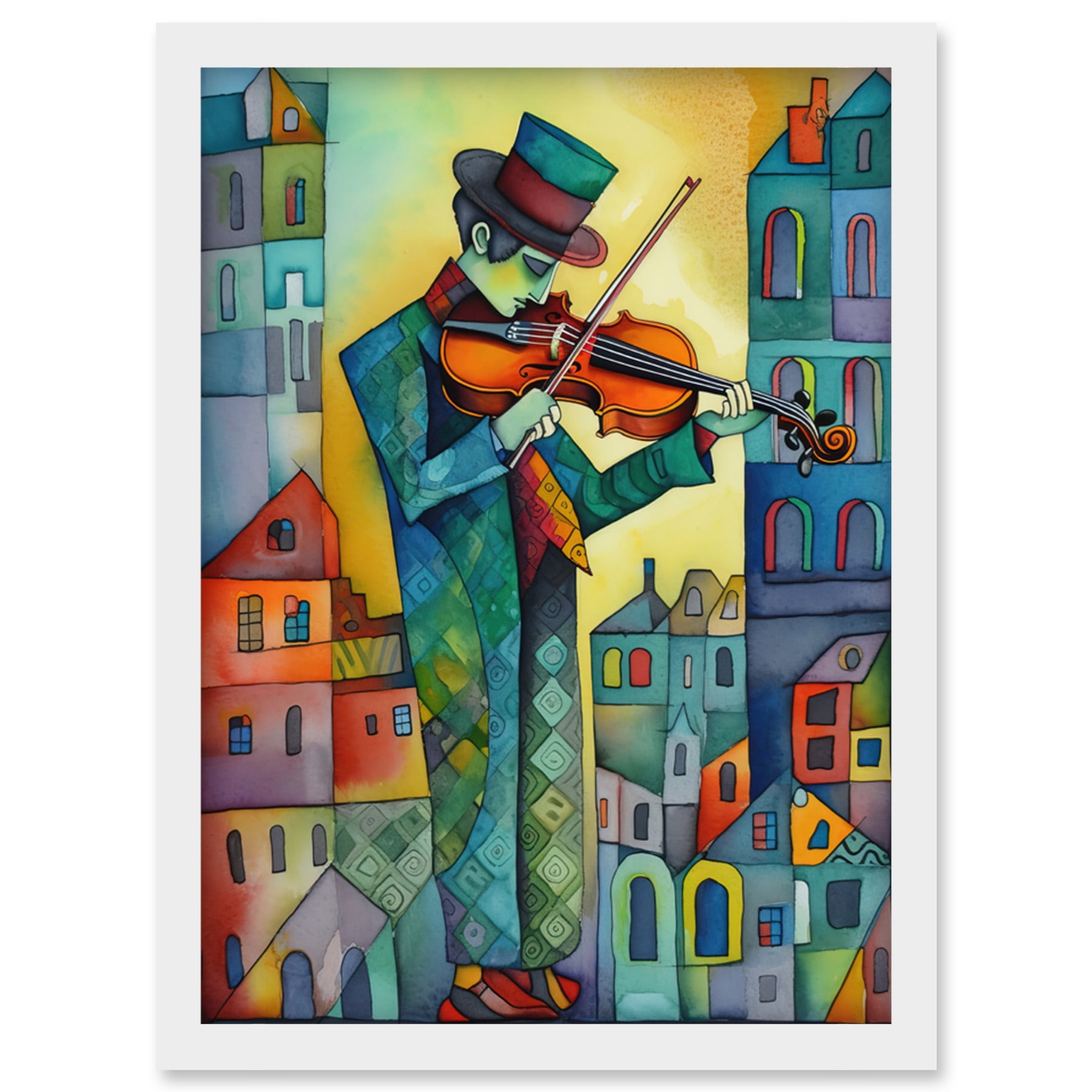 Fiddler On The Roof Folk Art Watercolour Painting Artwork Framed Wall ...