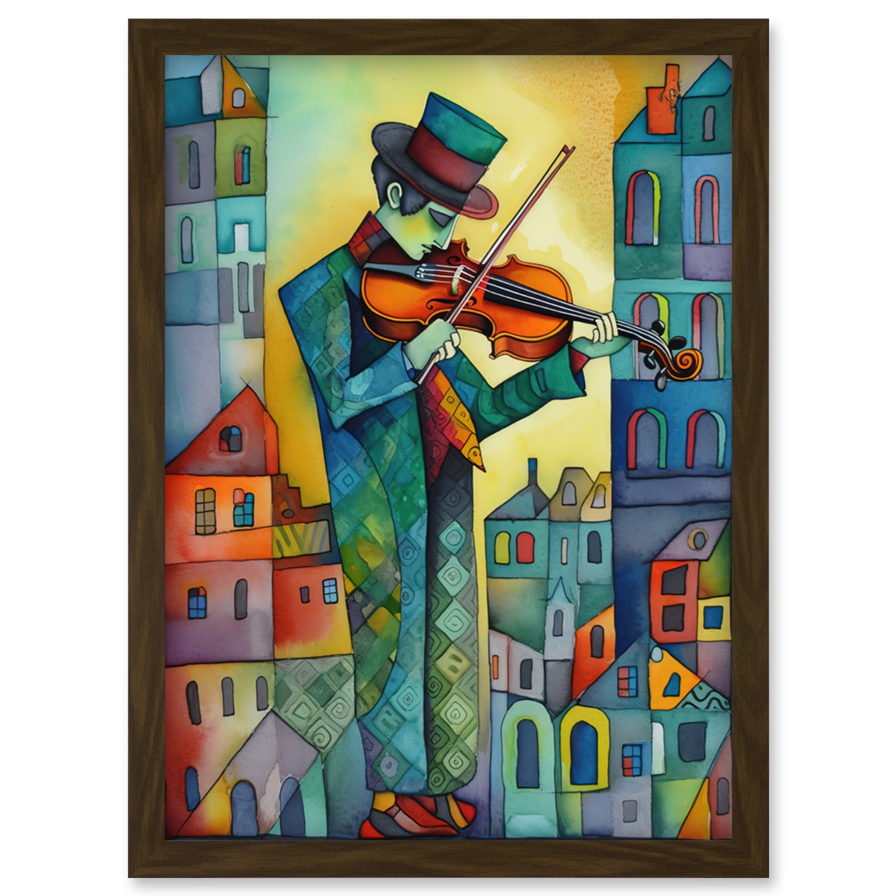 Fiddler On The Roof Folk Art Watercolour Painting Artwork Framed Wall ...