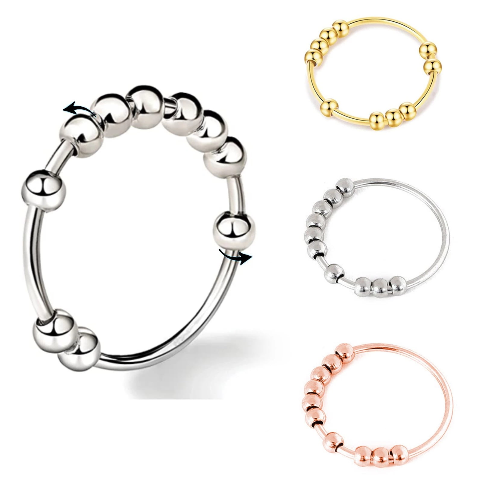 Fidget Anxiety Ring for Women 14K Yellow Gold Spinner Rotate Beads Anti ...