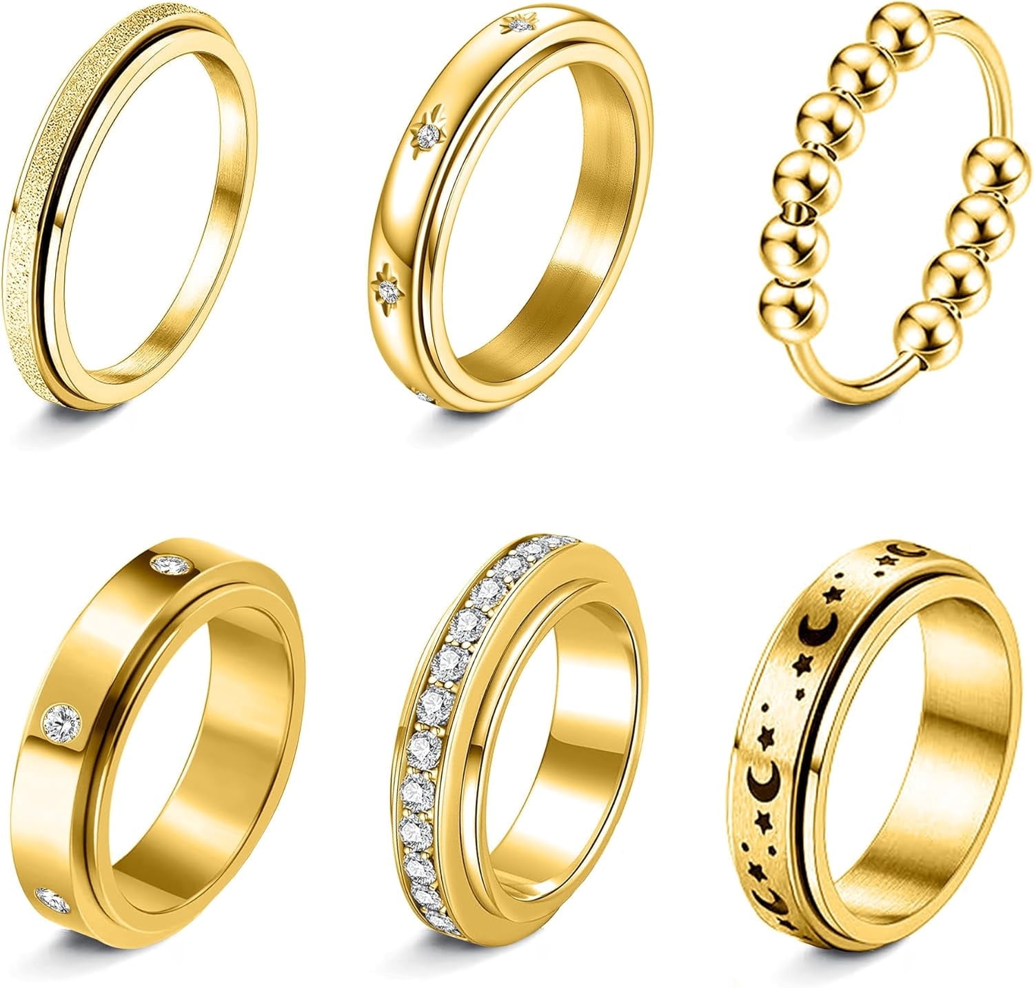 Fidget Rings for Anxiety 6pcs Stainless Steel Spinner Ring Anti Anxiety ...