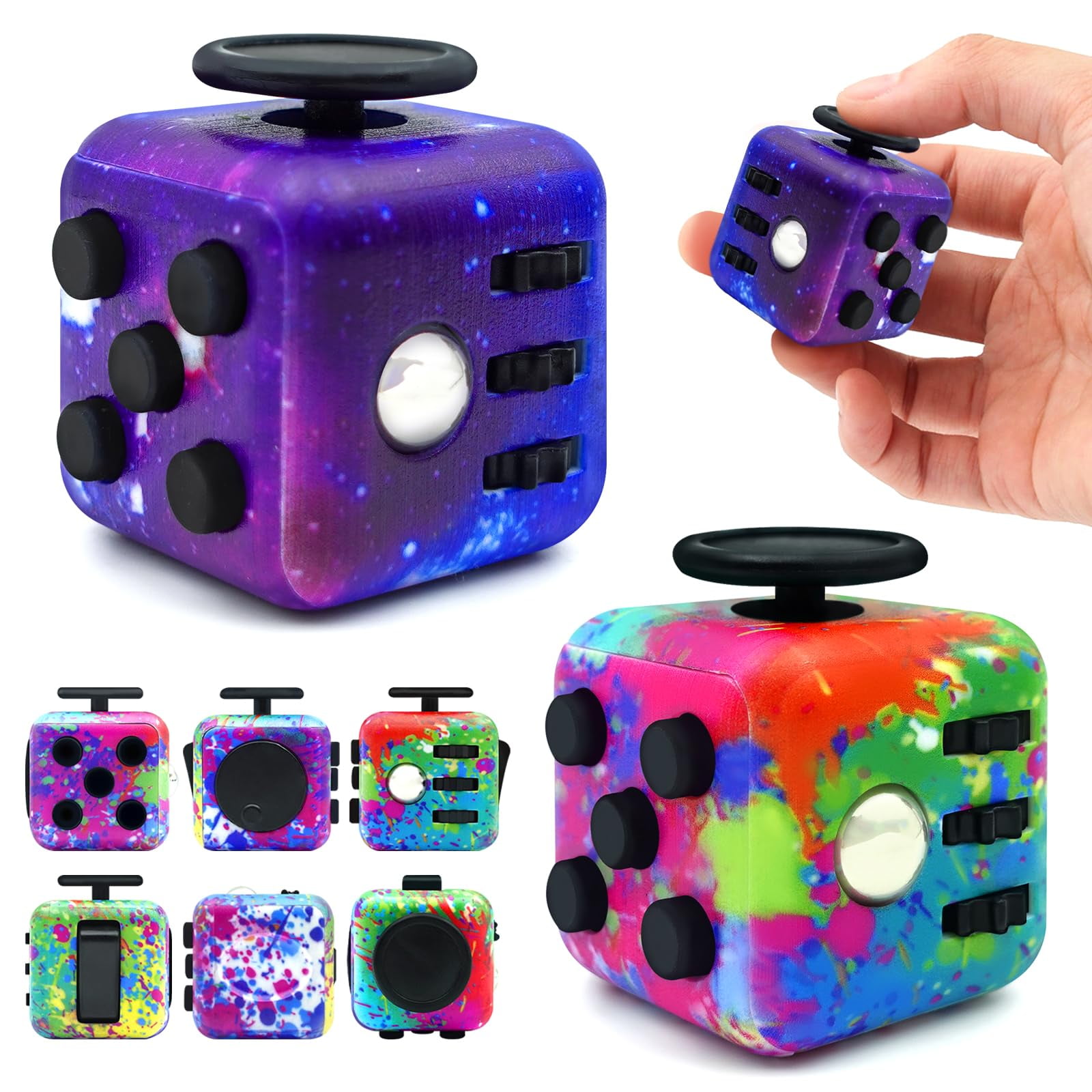 Fidget Toy Cube, 6 Sided Stress Relief & Focus Toy for Adults & Kids, 2 ...