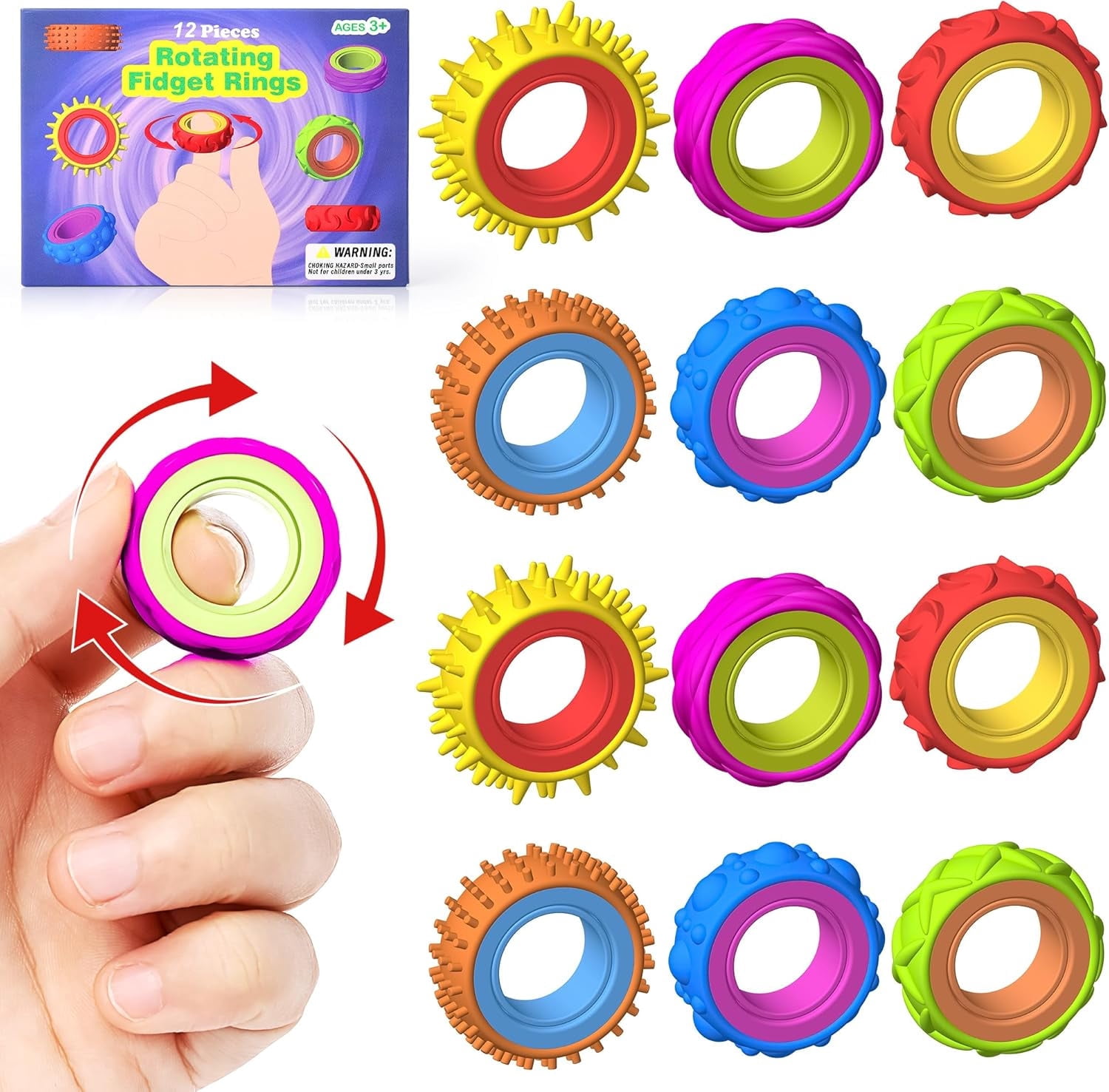 Ausugar Fidget Toys Sensory Rings 12 Pack Texture Finger Spinner Rings ...