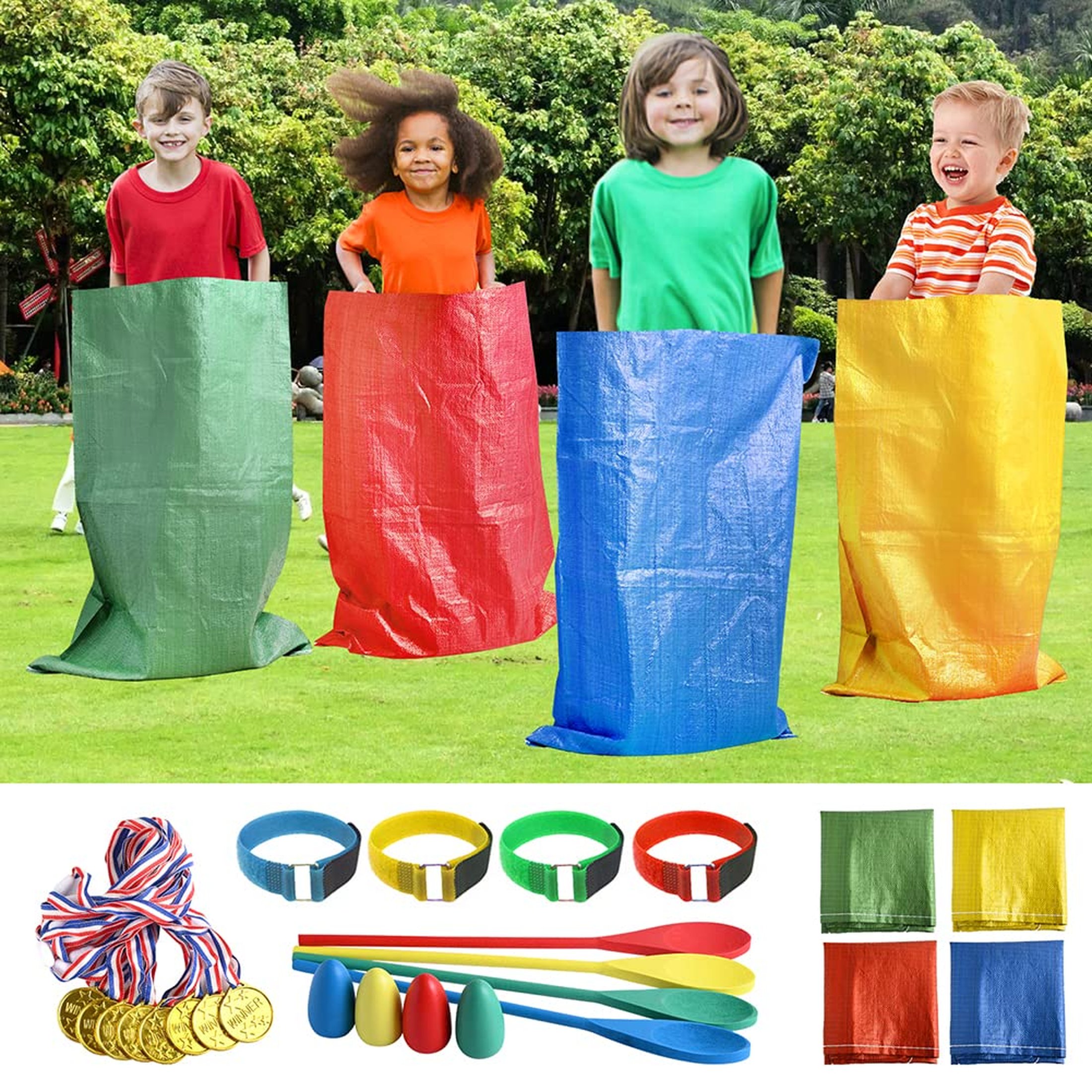 Field Day Fun Pack - Potato Sack Race, 3-Legged Bands, Egg & Spoon Game ...