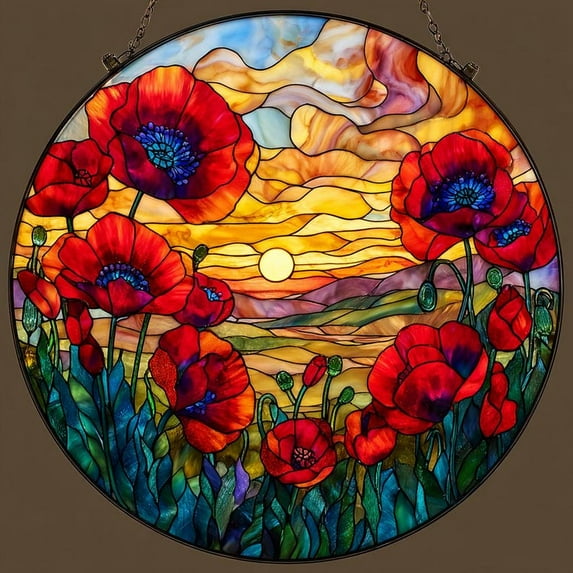 Field Of Poppies Stained Glass Suncatcher, Red Poppy Flower Window ...