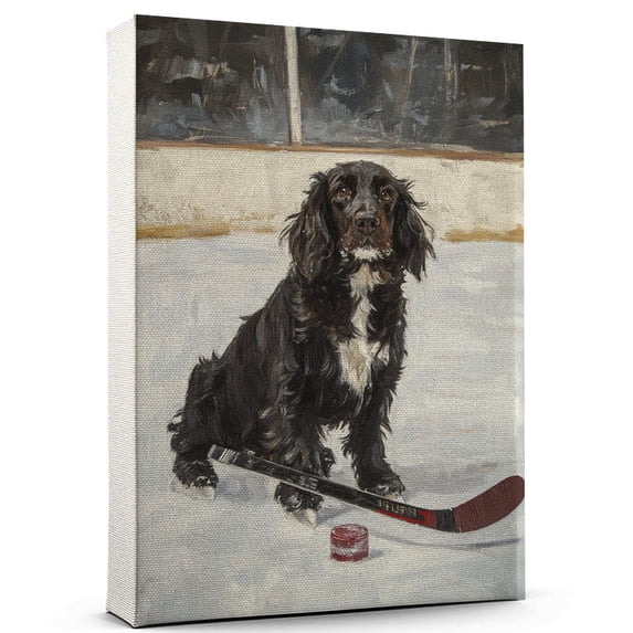 Field Spaniel Dog Playing Ice Hockey Stretched Canvas Size 8x12 ...