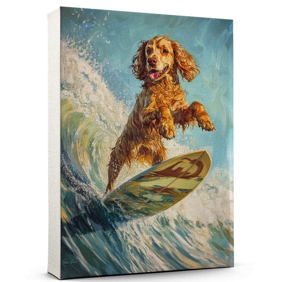 Field Spaniel Dog Playing Surfboard Stretched Canvas Size 8x12 – Sports ...