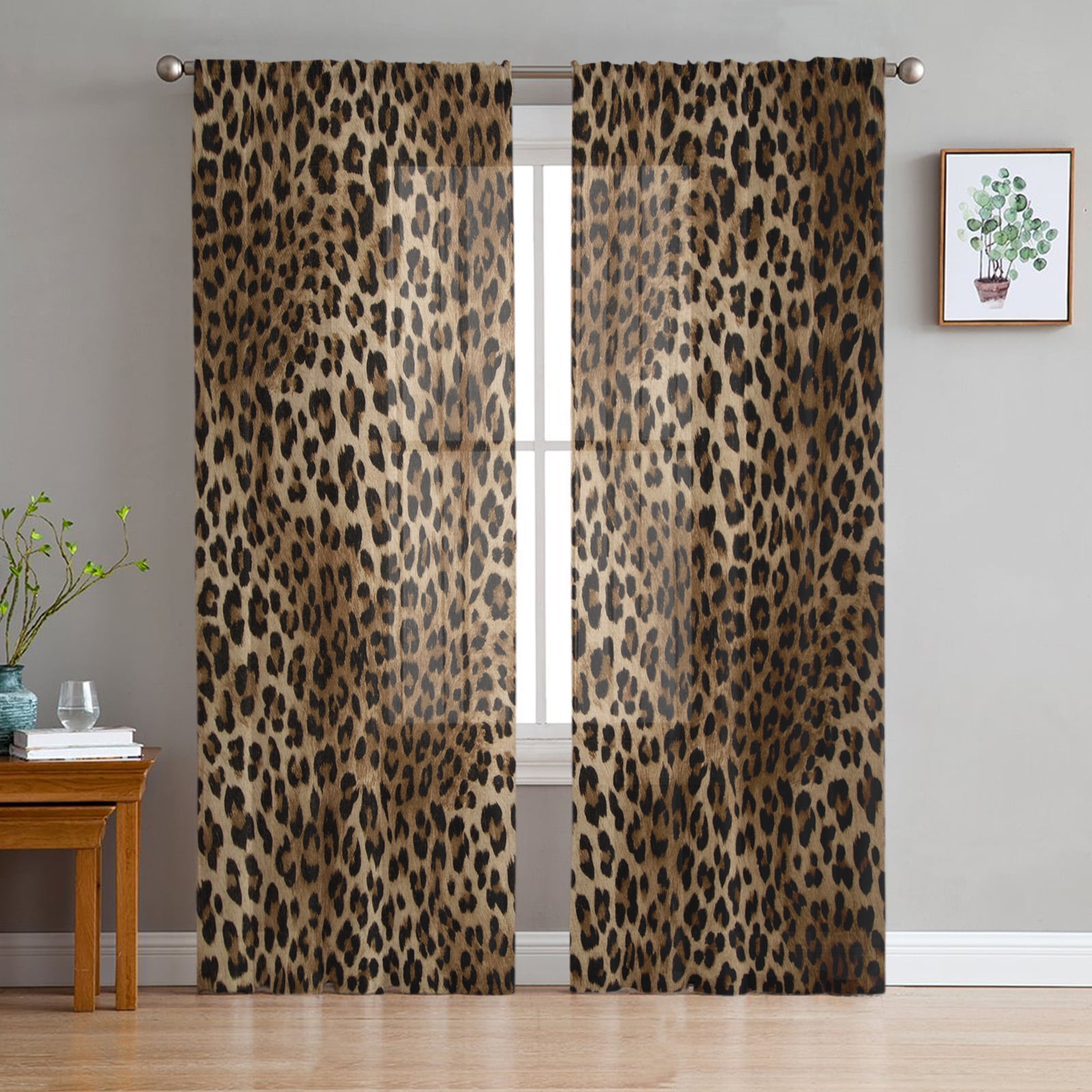 Fierce Beast Leopard Print Sheer Curtain for Living Room Bedroom Voile ...