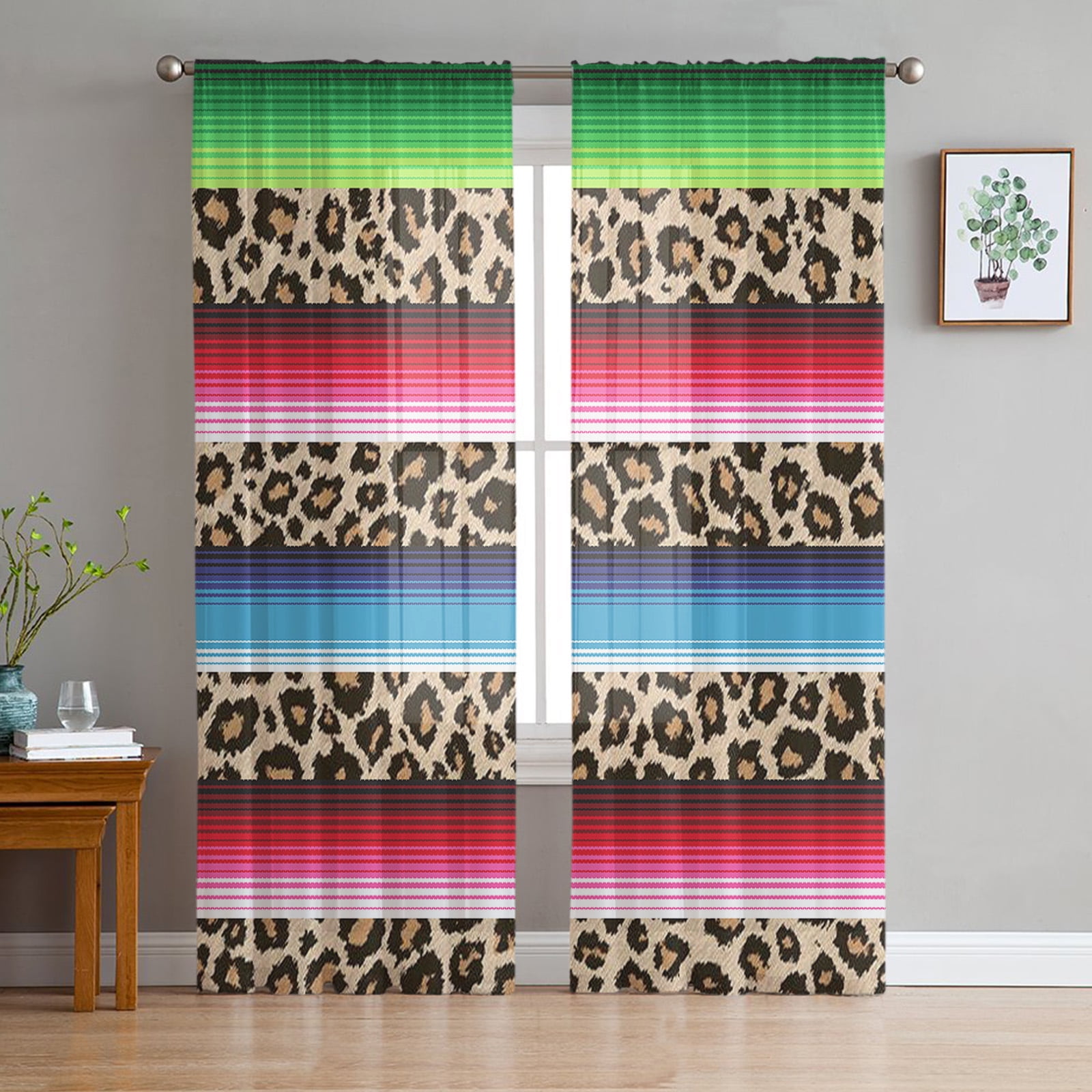 Fierce Beast Leopard Print Sheer Curtain for Living Room Bedroom Voile ...