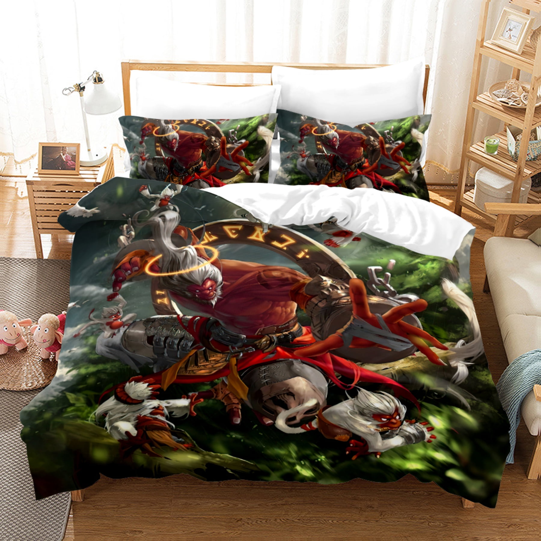 Fierce Bedding Set Vibrant Red & White Design with Agile Monkey Figures ...