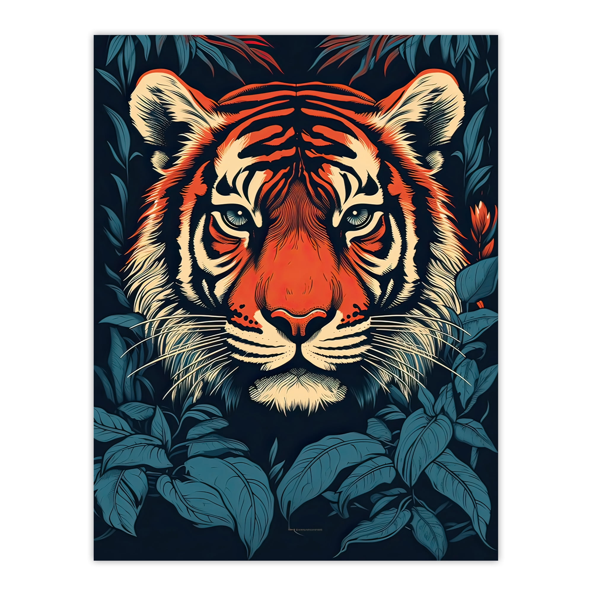 Fierce Bengal Tiger Emerging from Bushes Wildlife Painting Blue Orange ...