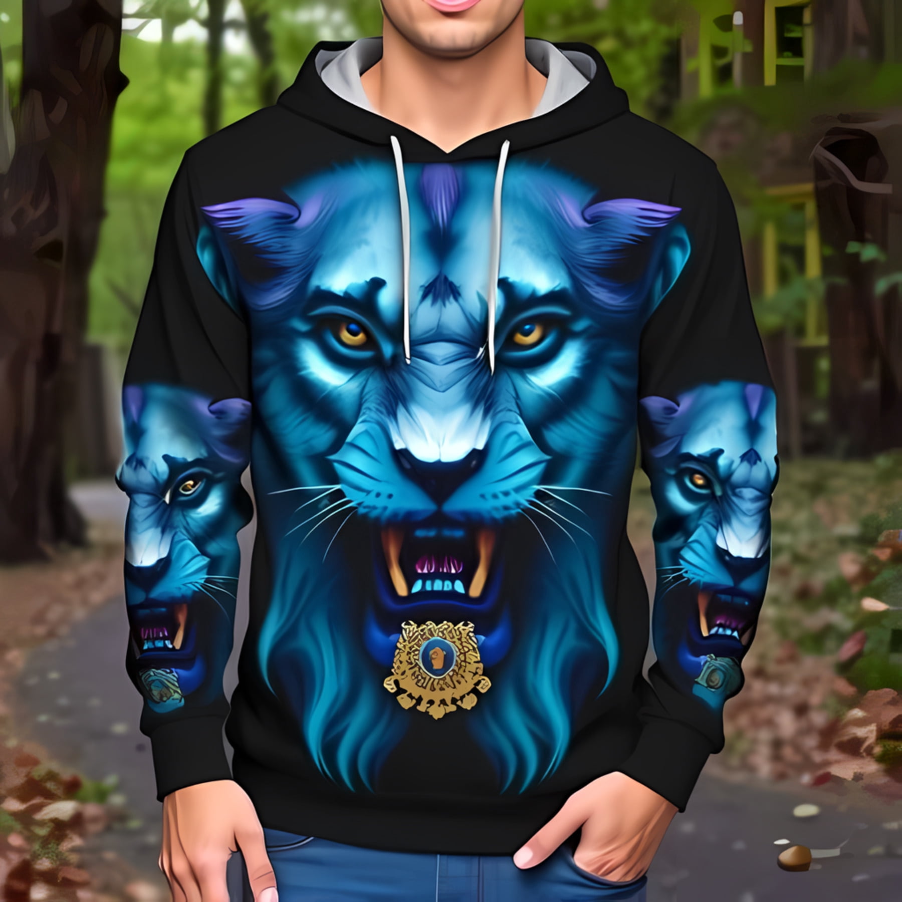 Fierce Blue Lion 3D Hoodie with All-Over Print Glow-In-The-Dark Eyes ...