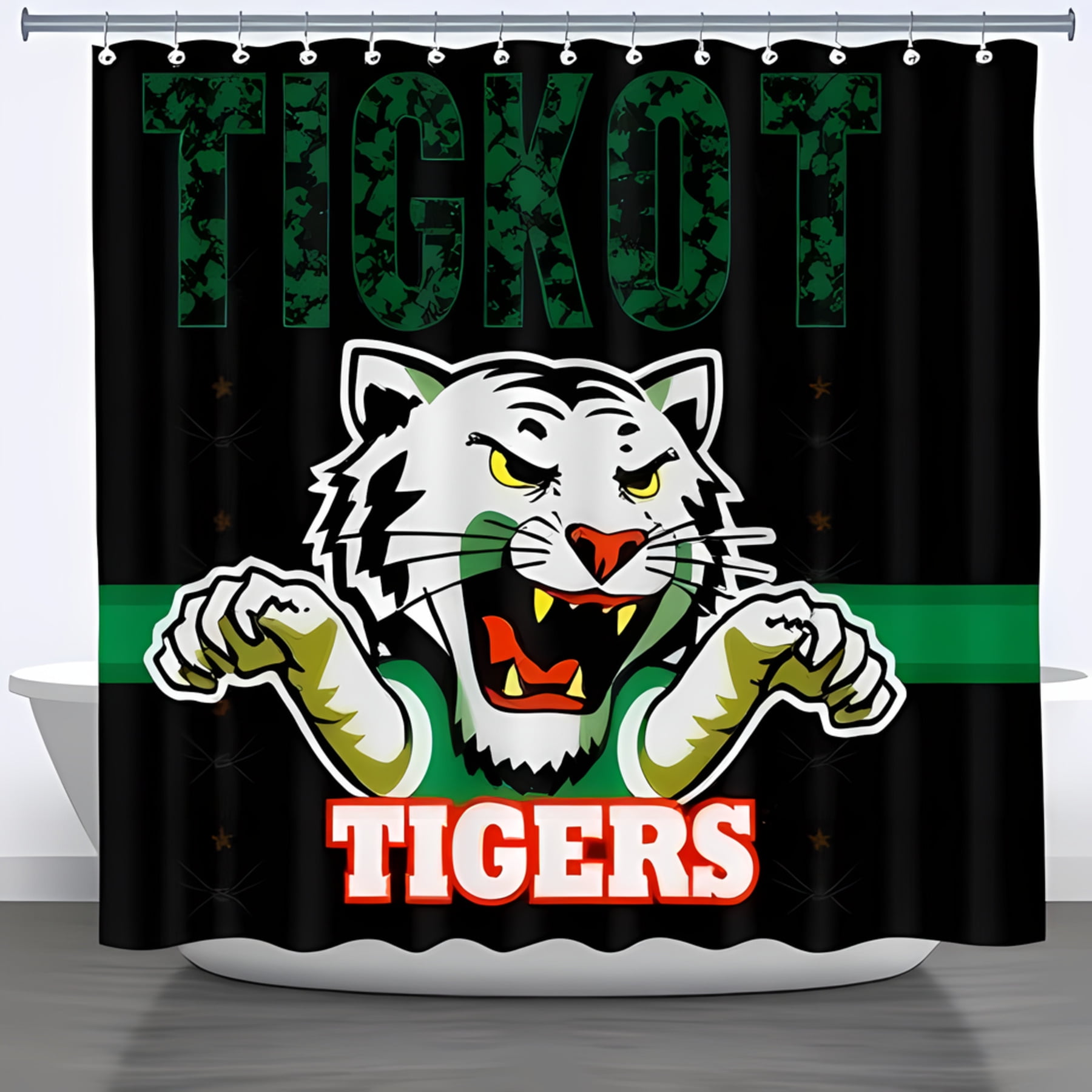 Fierce Cartoon Tiger Shower Curtain with Green Eyes & Bold Text ...