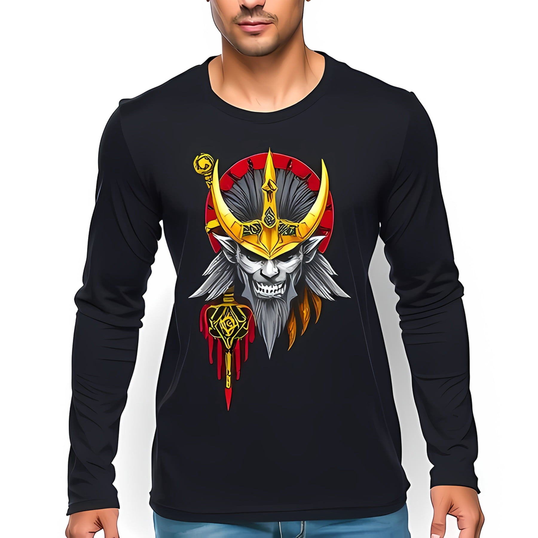 Fierce Demonic Graphic Long Sleeve T-Shirt with Golden Crown & Blood ...