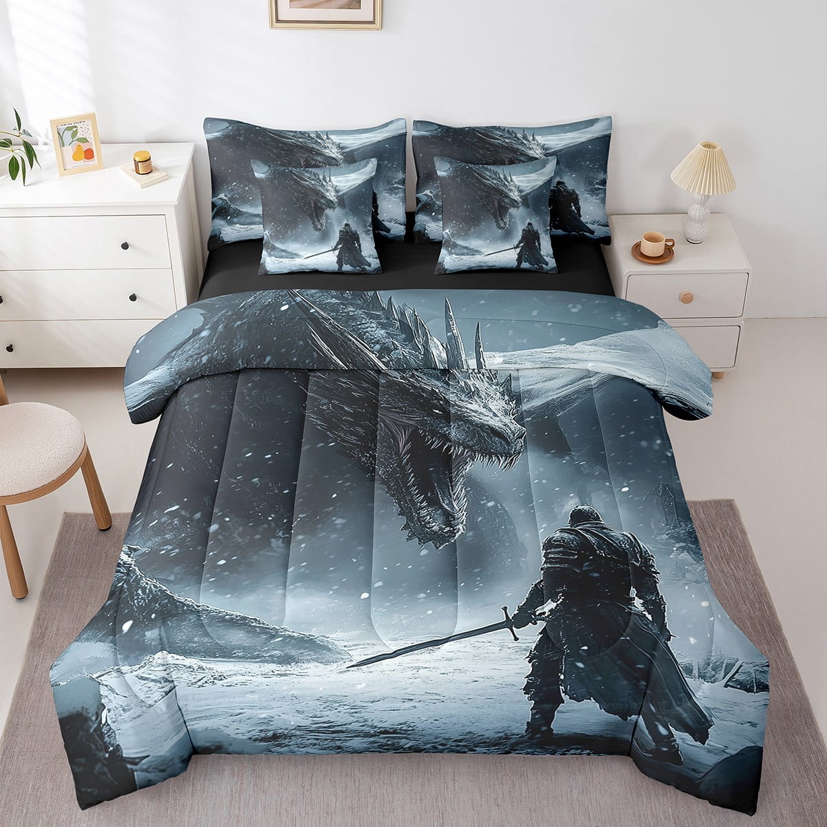 Fierce Dragon Comforter Set King,Warrior Sword Bedding Set Adults Room ...
