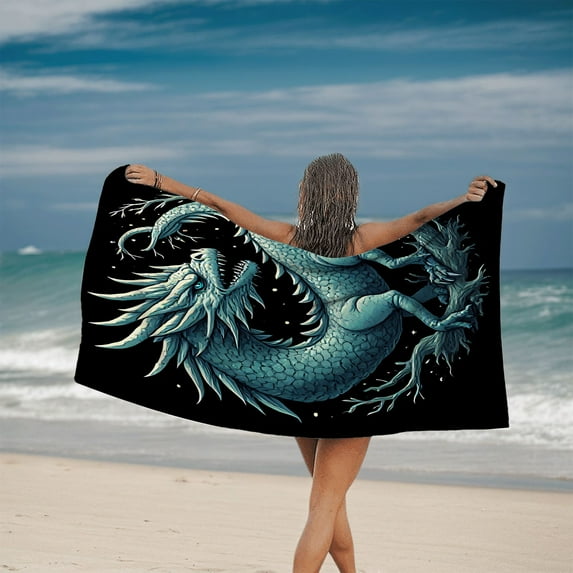 Fierce Dragon Design Beach Towel - Vibrant Blue - Green Dragon with ...