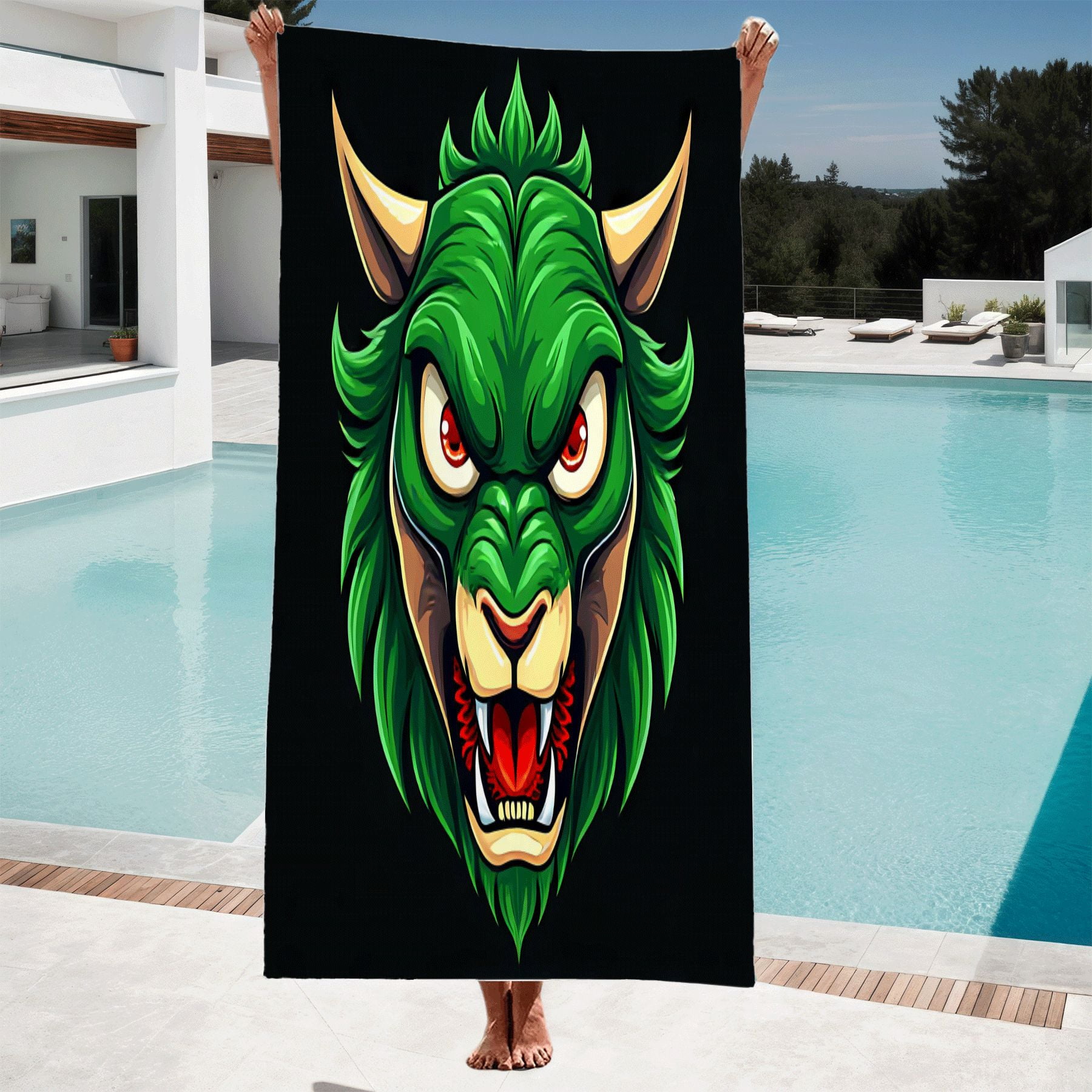 Fierce Green Creature Beach Towel - Vibrant Design with Teeth & Red ...