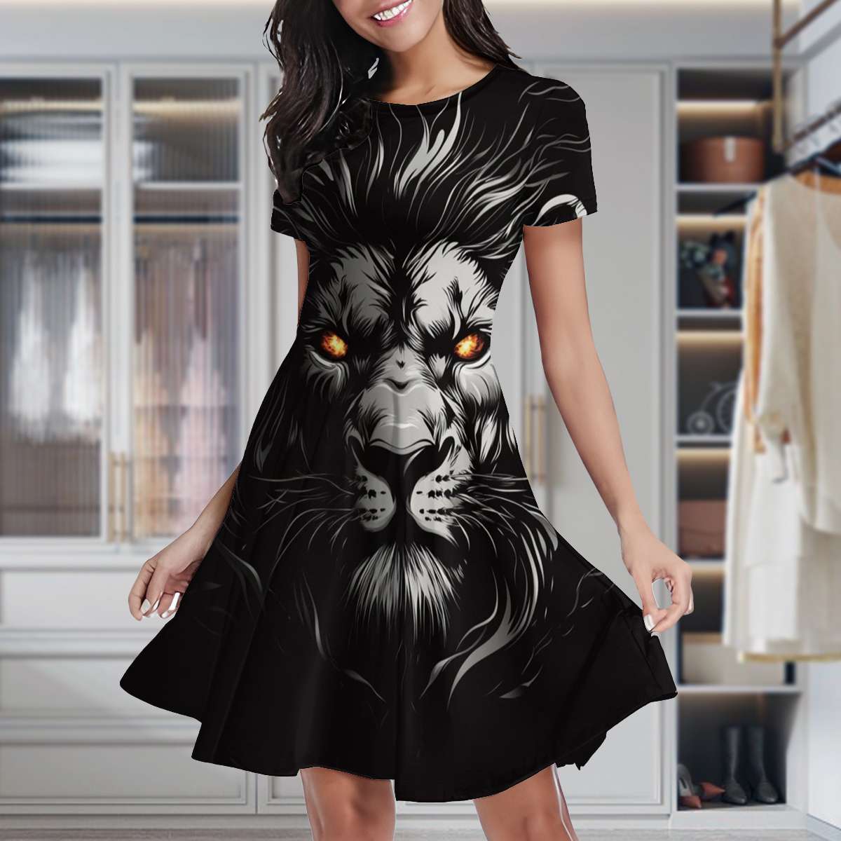Fierce Lion With Glowing Eyes Women's Classic Swing Skater Dress Casual ...