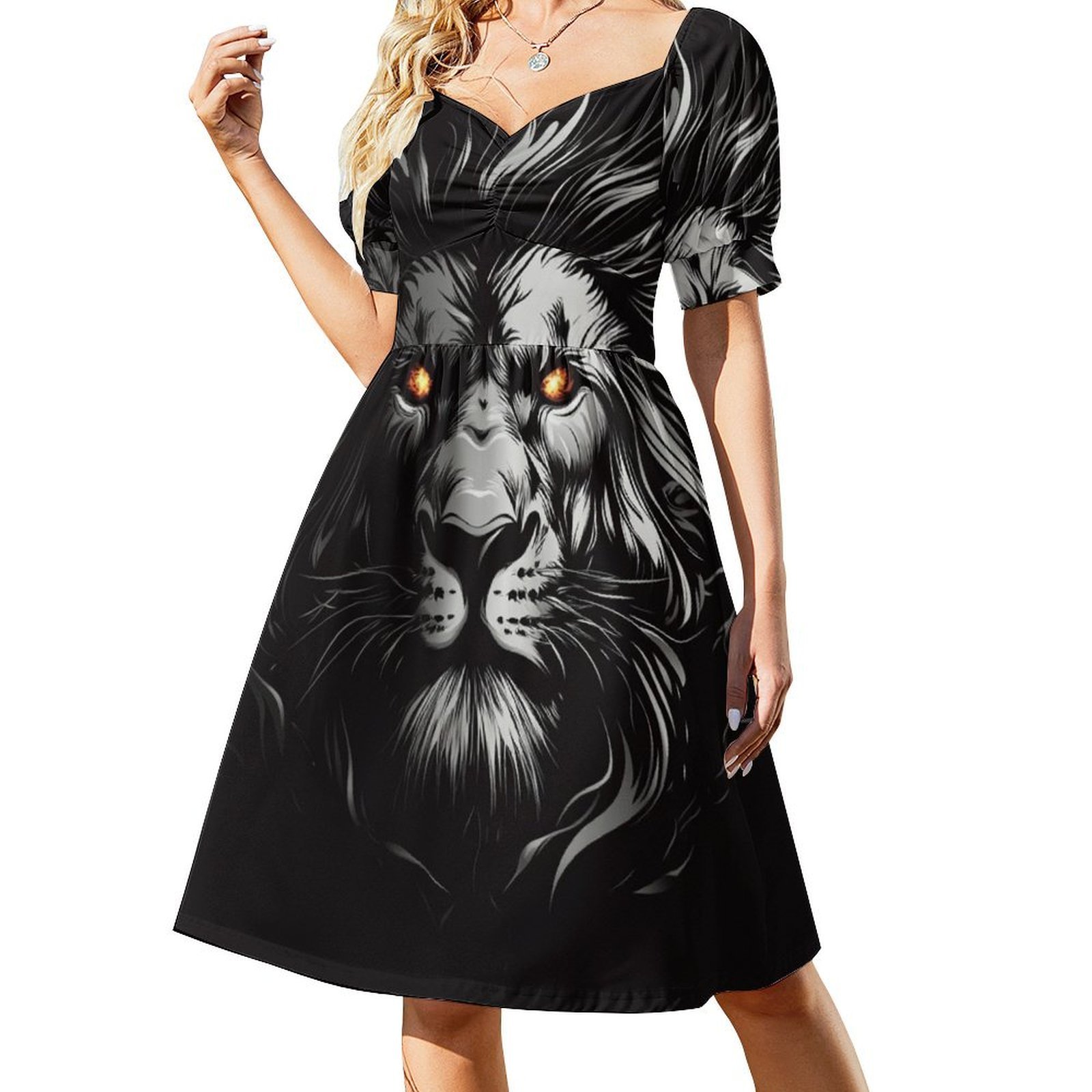 Fierce Lion with Glowing Eyes Short Sleeve Dress Clothes Women's Summer ...