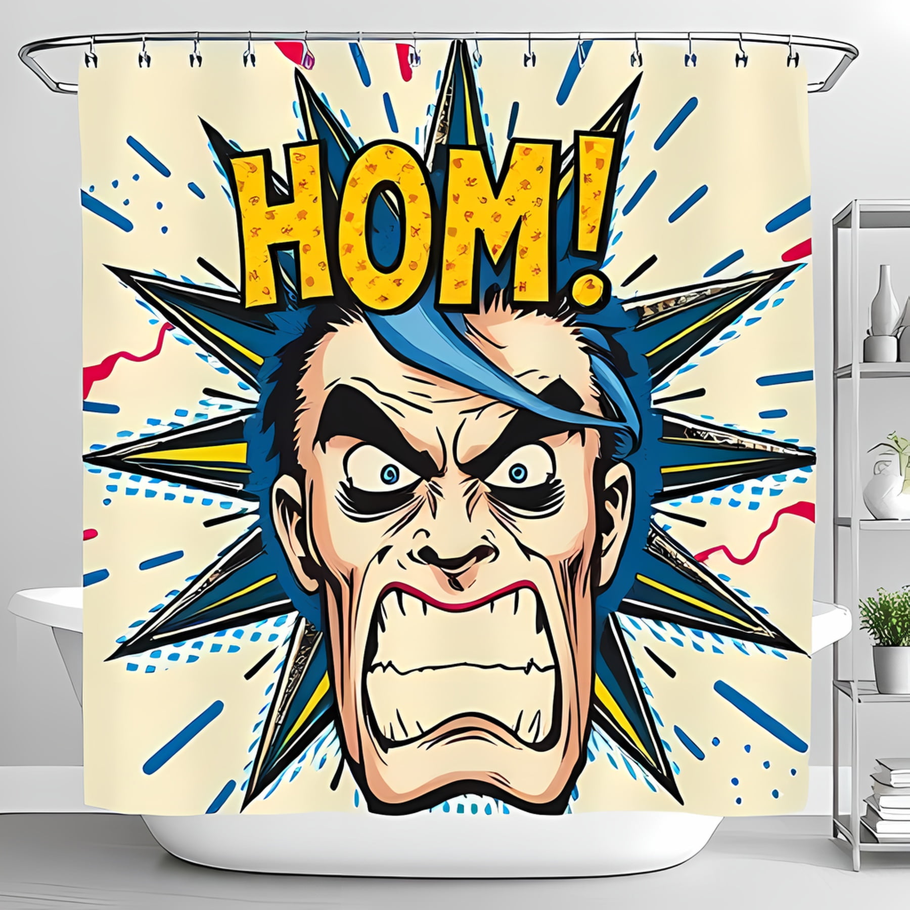 Fierce Pop Art Shower Curtain with Angry Cartoon Face & Bold "HOM ...
