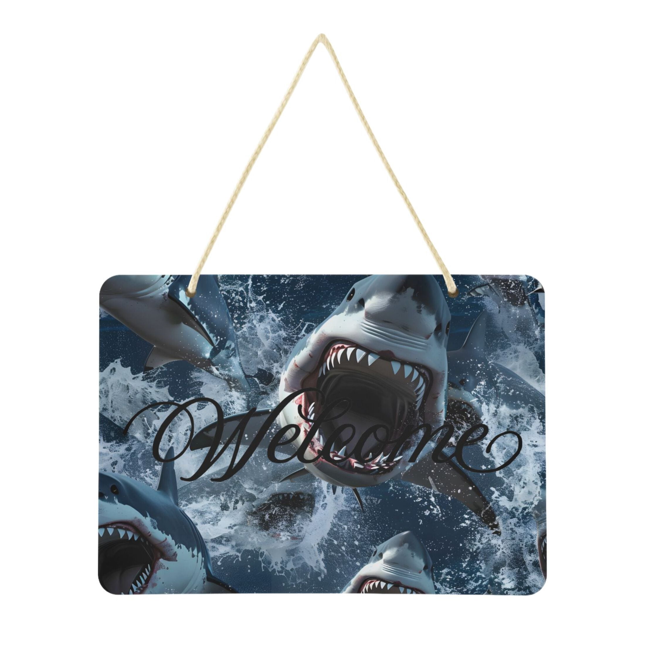 Fierce Sharks on Sea Welcome Sign Front Door PVC 14x10 inch Hanger ...