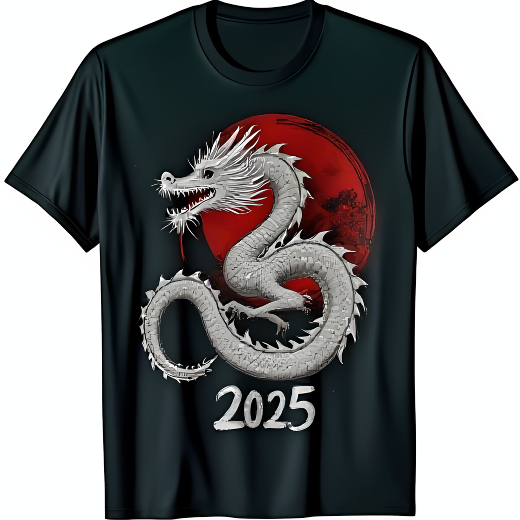 Fierce Silver Scaled T-Shirt with Red Sun & 2025 Design Black Tee ...