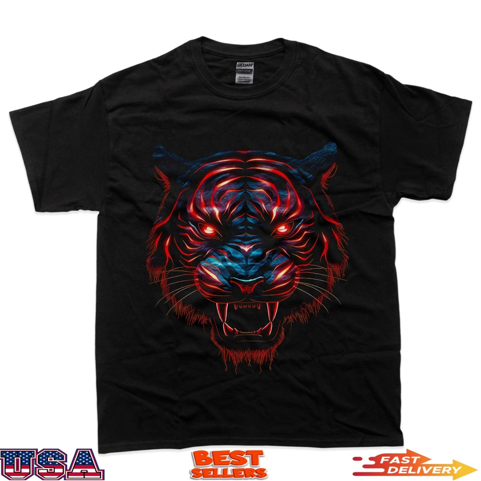 Fierce Tiger Glowing Eyes Wild Animal Graphic Tee for Bold Style,for men & women up to 5XL ...
