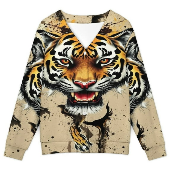 Fierce Tiger Grunge Pattern Design Sweater Women V-neck Single-Breasted ...