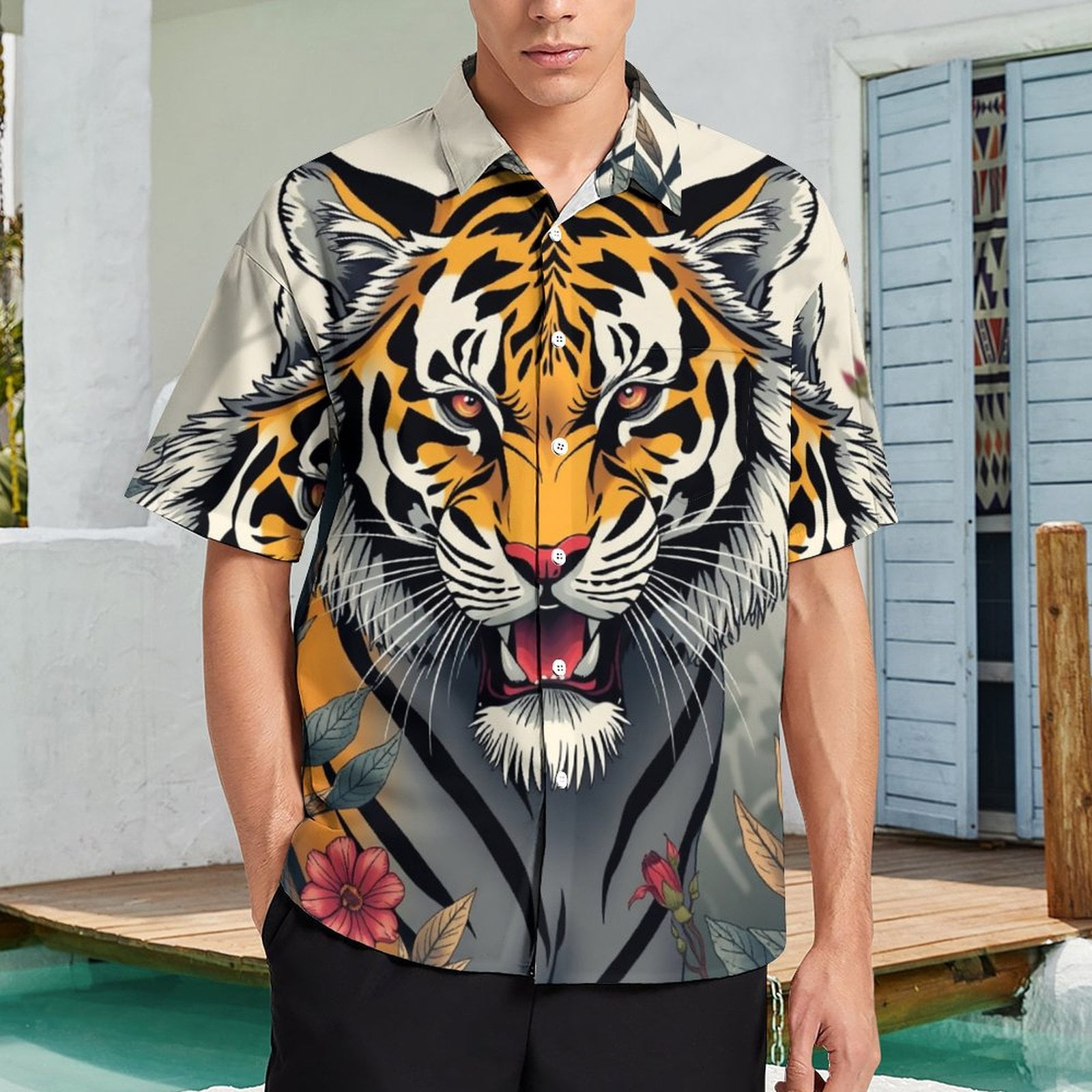 Fierce Tiger Jungle Floral Artwork Male Retro Print Casual Shirts ...